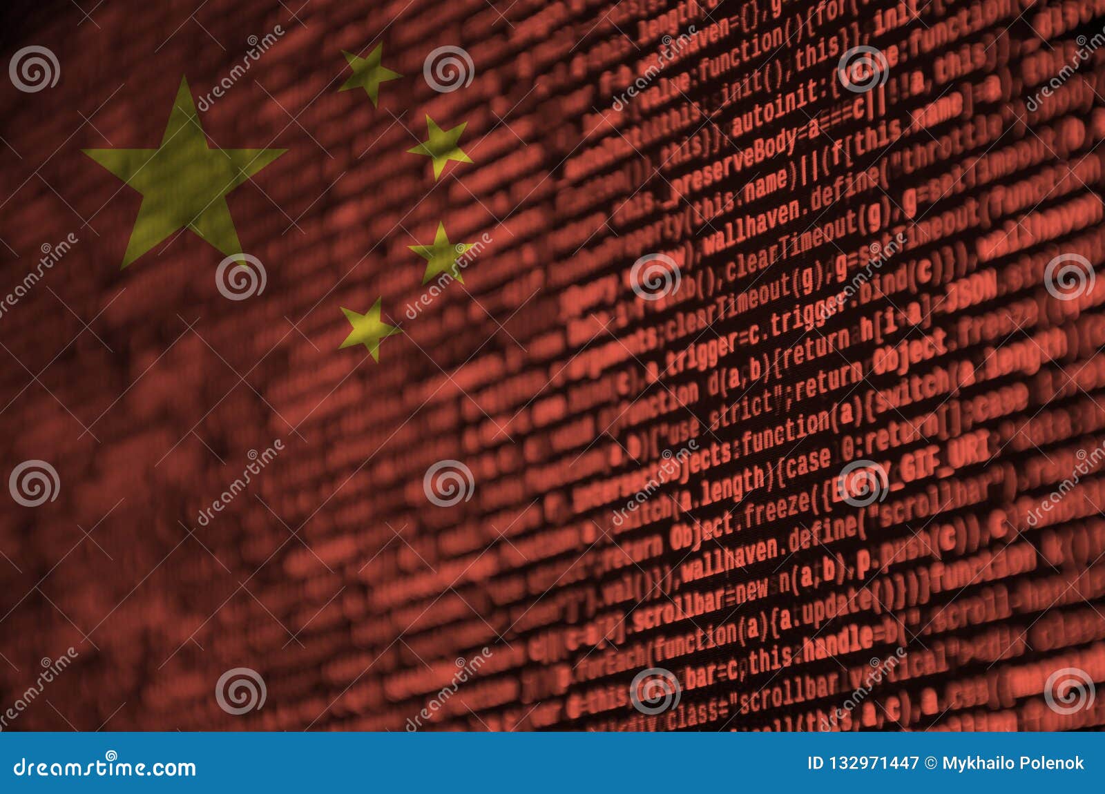 China Flag is Depicted on the Screen with the Program Code. the Concept ...