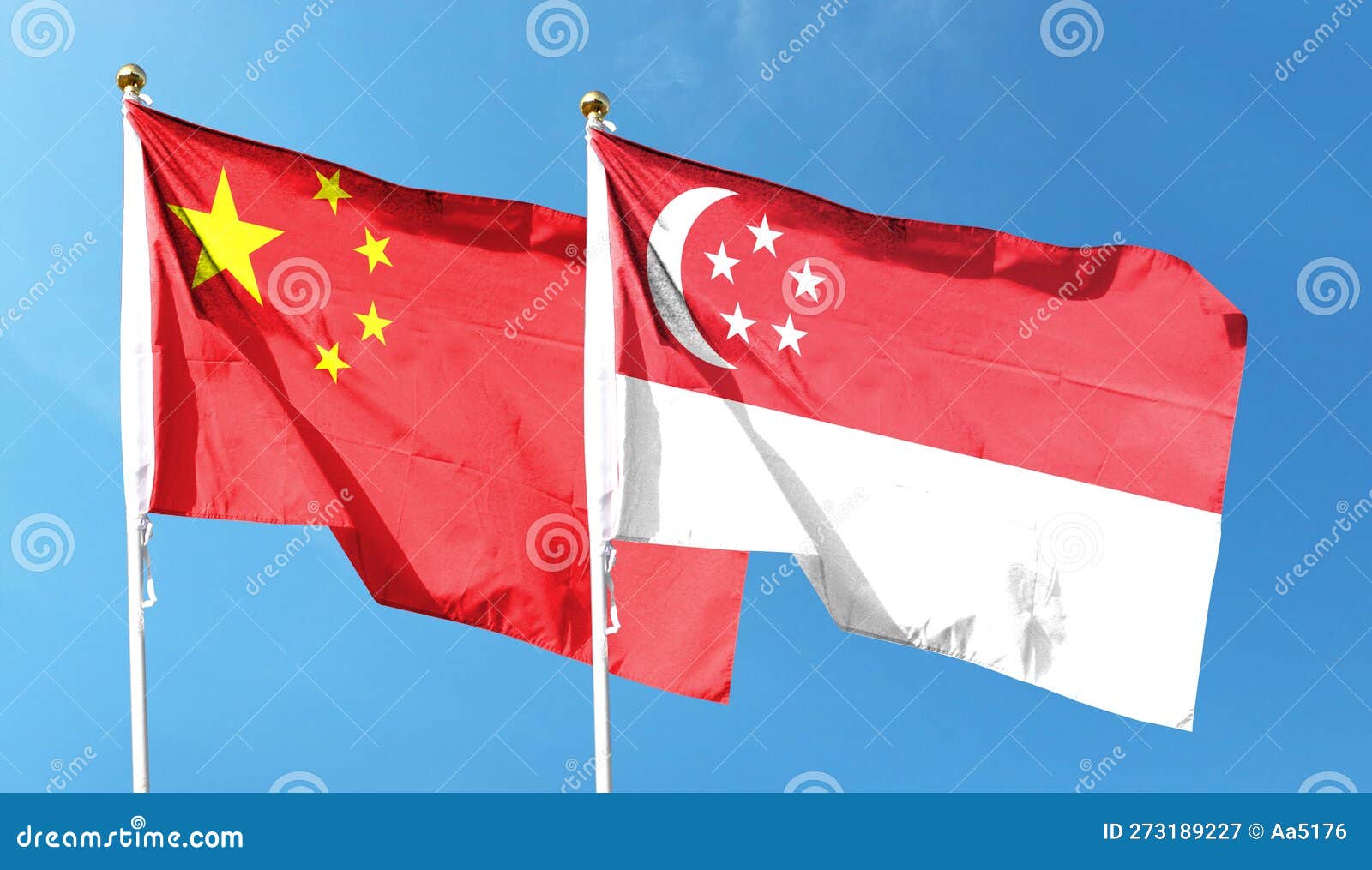 China Flag and Singapore Flag on Cloudy Sky. Waving in the Sky Stock ...