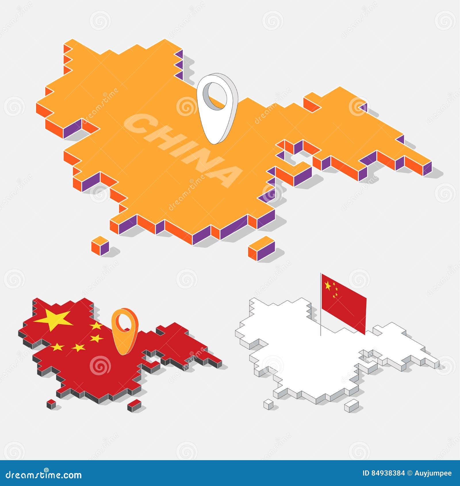China Flags on Map Element with 3D Isometric Shape Isolated on ...
