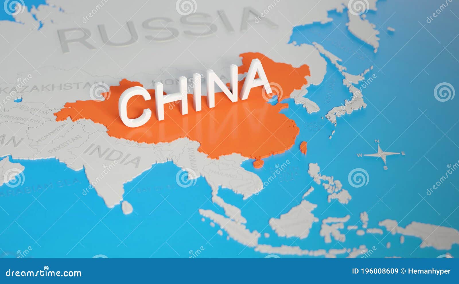 China Highlighted on a White Simplified 3D World Map. Digital 3D Render ...