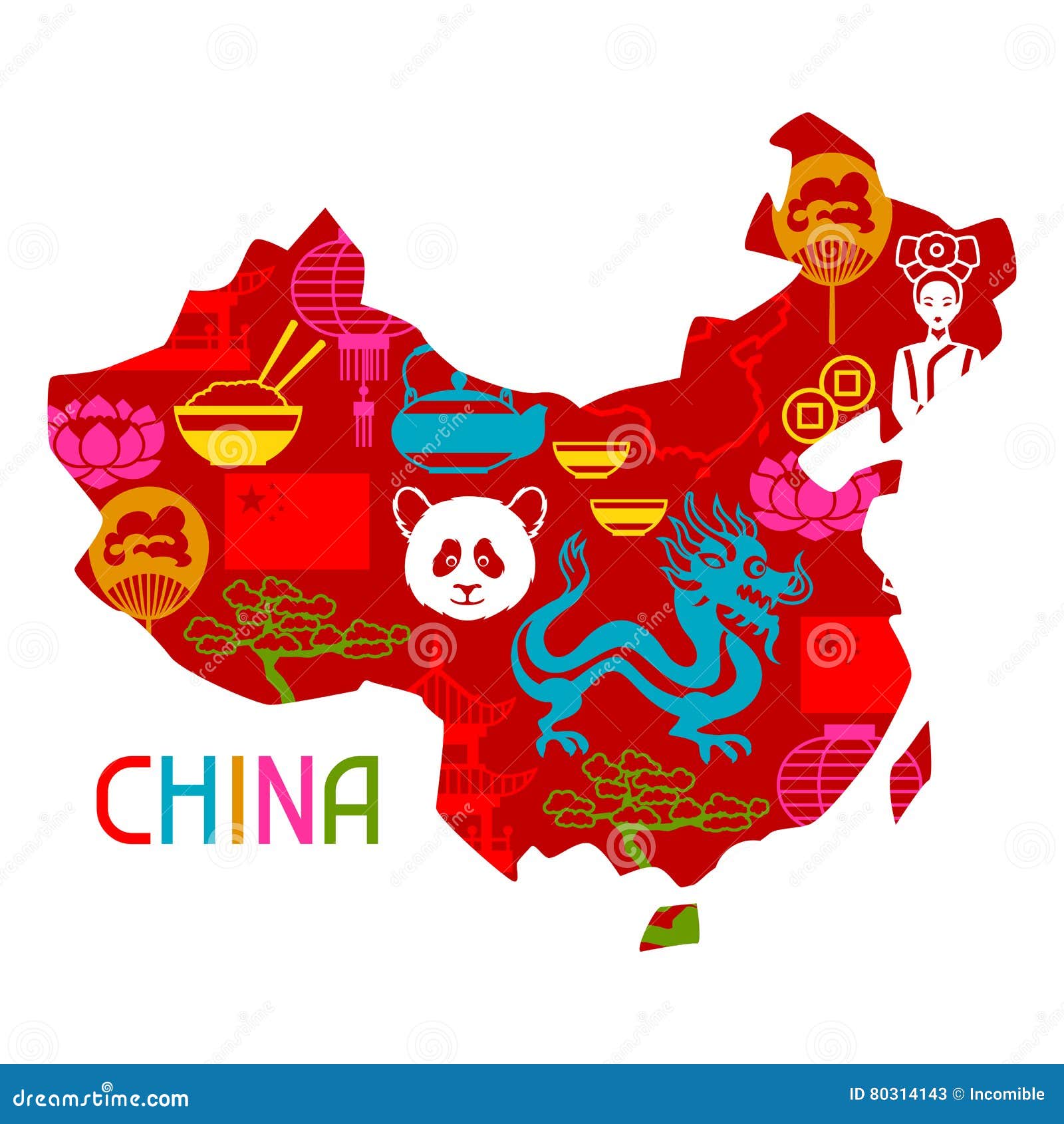 China Map Design. Chinese Symbols And Objects Cartoon Vector ...