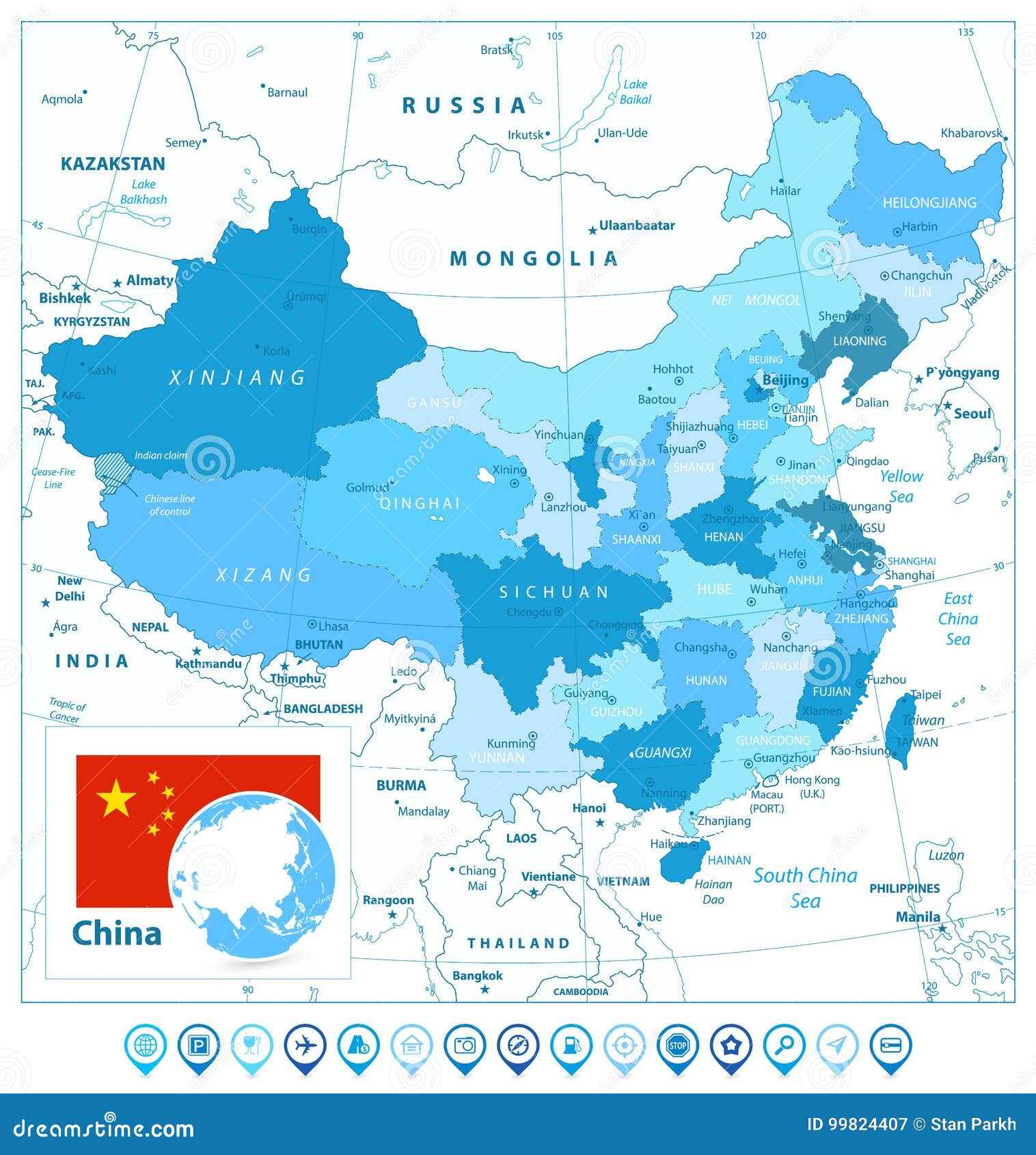 China Map and Map Pointers in Colors of Blue Stock Vector ...