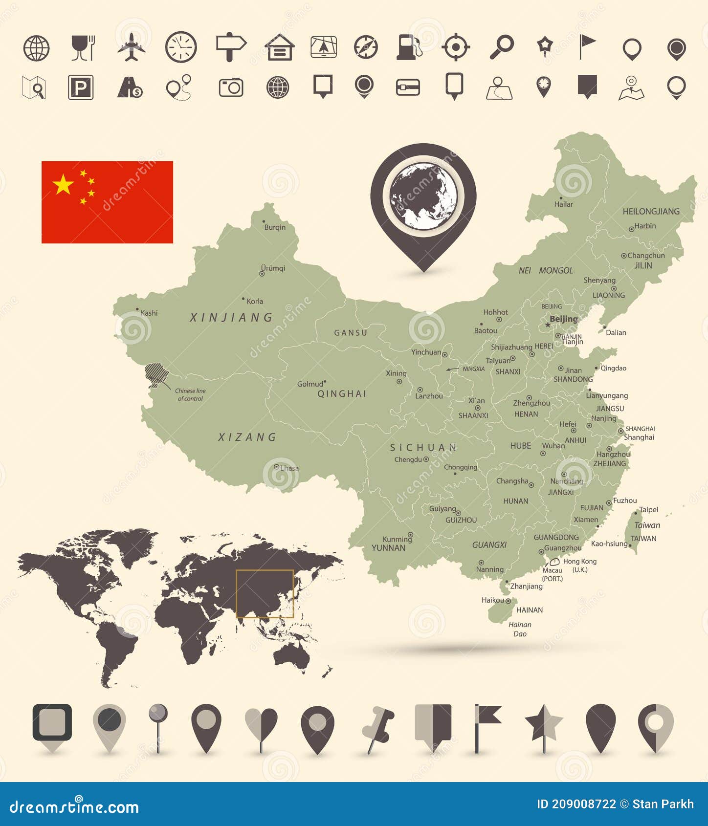 China Map and and World Map with Navigation Icons Stock Vector ...