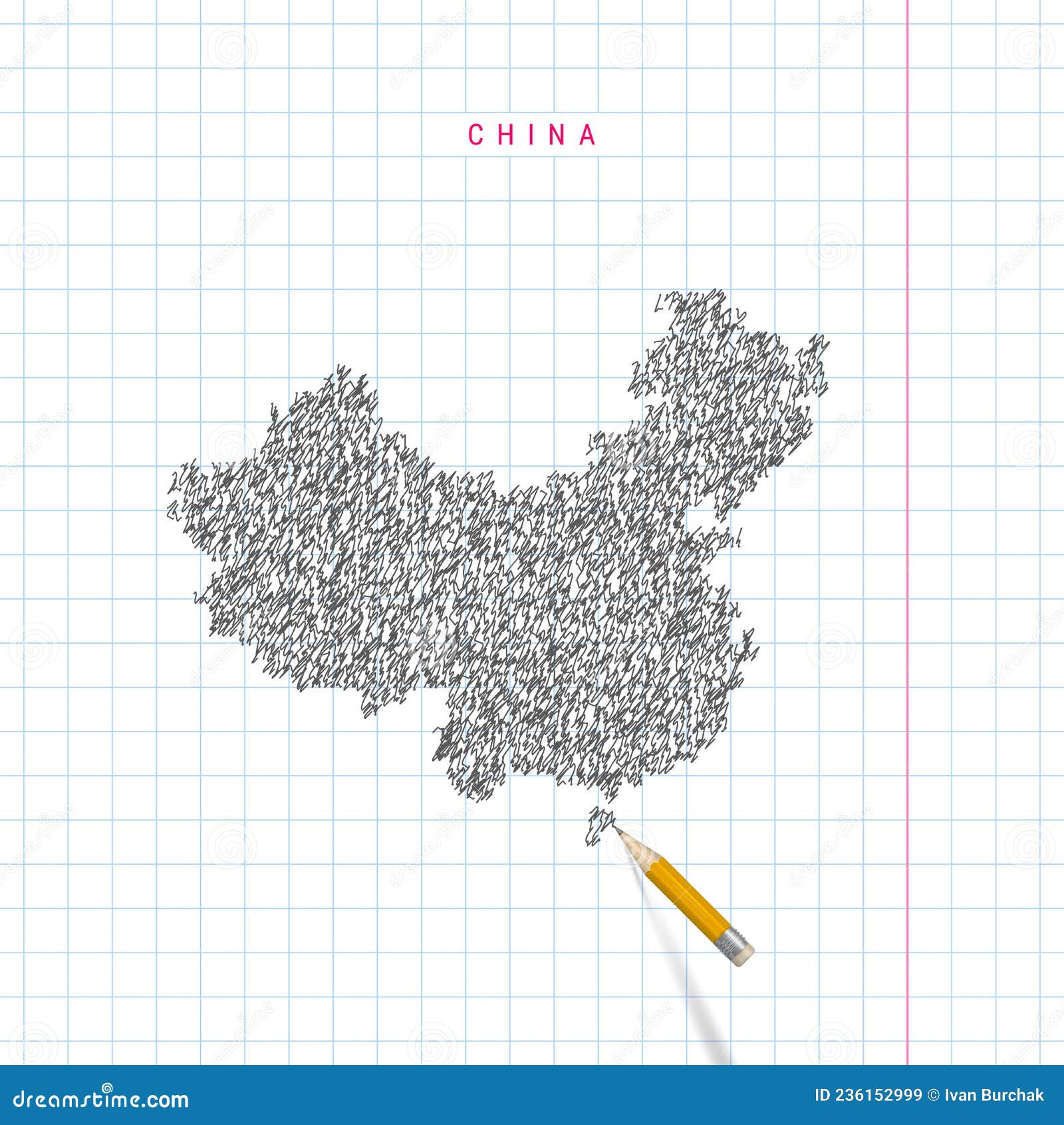 China Sketch Scribble Vector Map Drawn on Checkered School Notebook Paper Background Stock ...