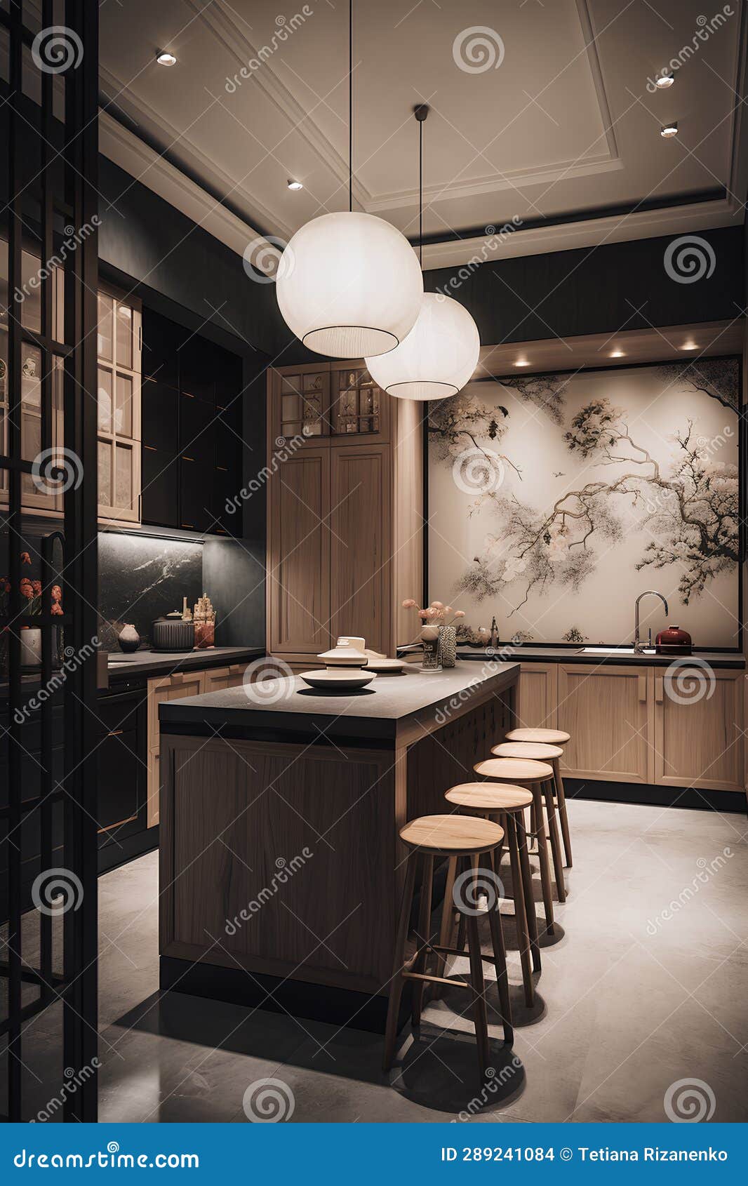 China Style Kitchen Interior in Luxury House Stock Illustration ...