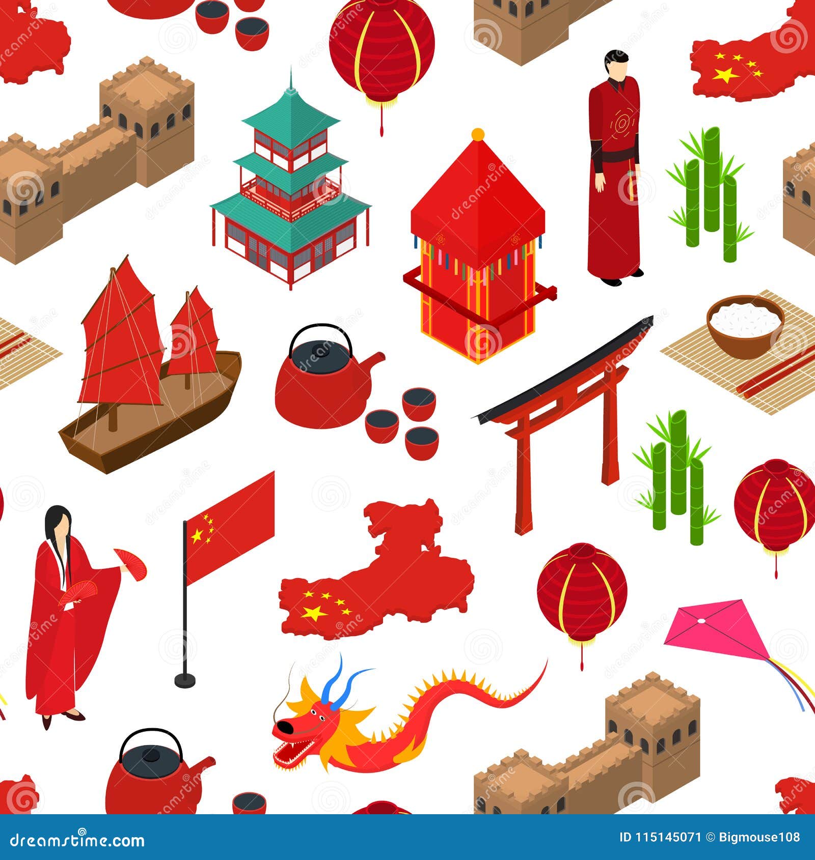 China Touristic Seamless Pattern Background Isometric View. Vector ...