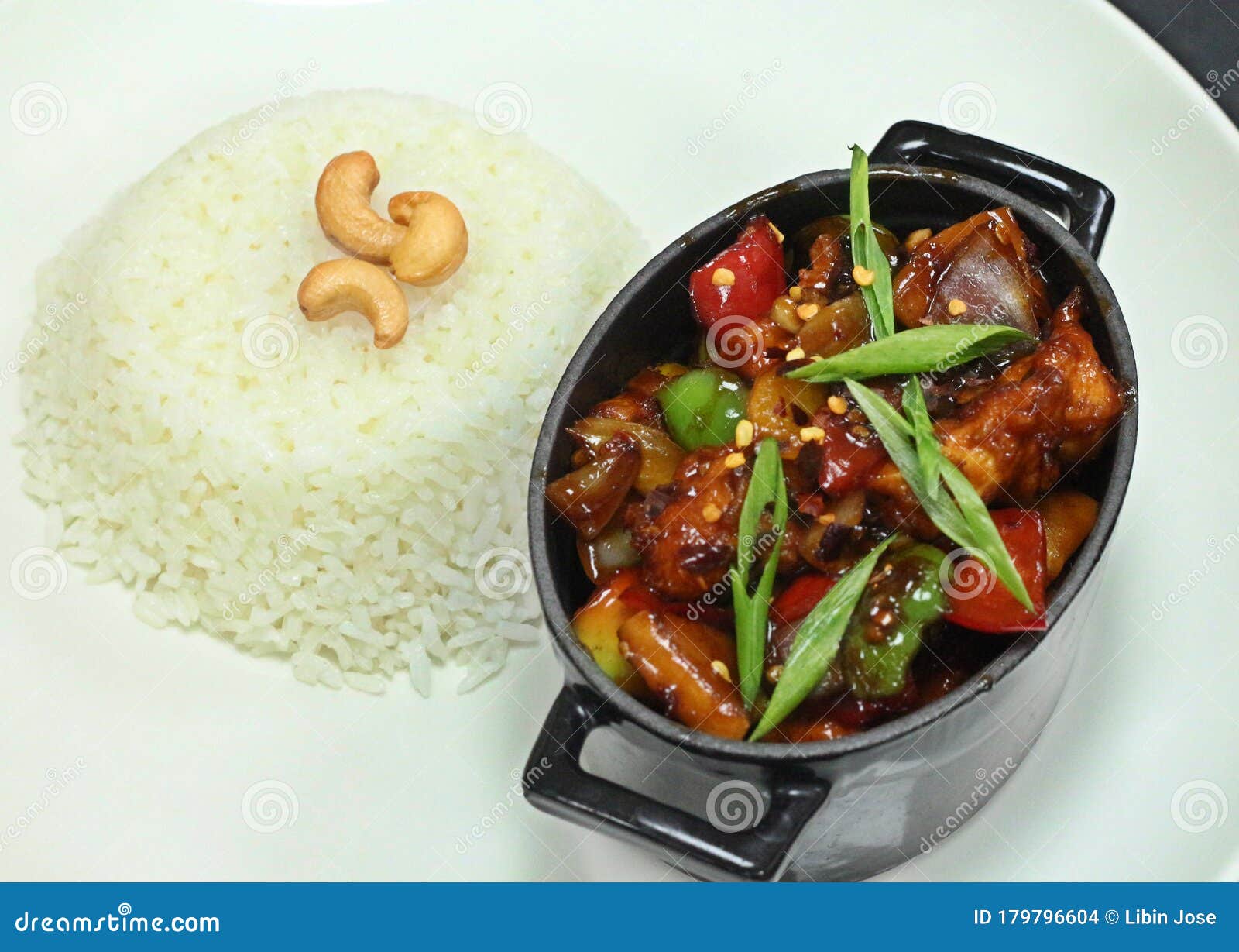 Chinese Chili Chicken with White Rice Stock Photo - Image of meal, view ...