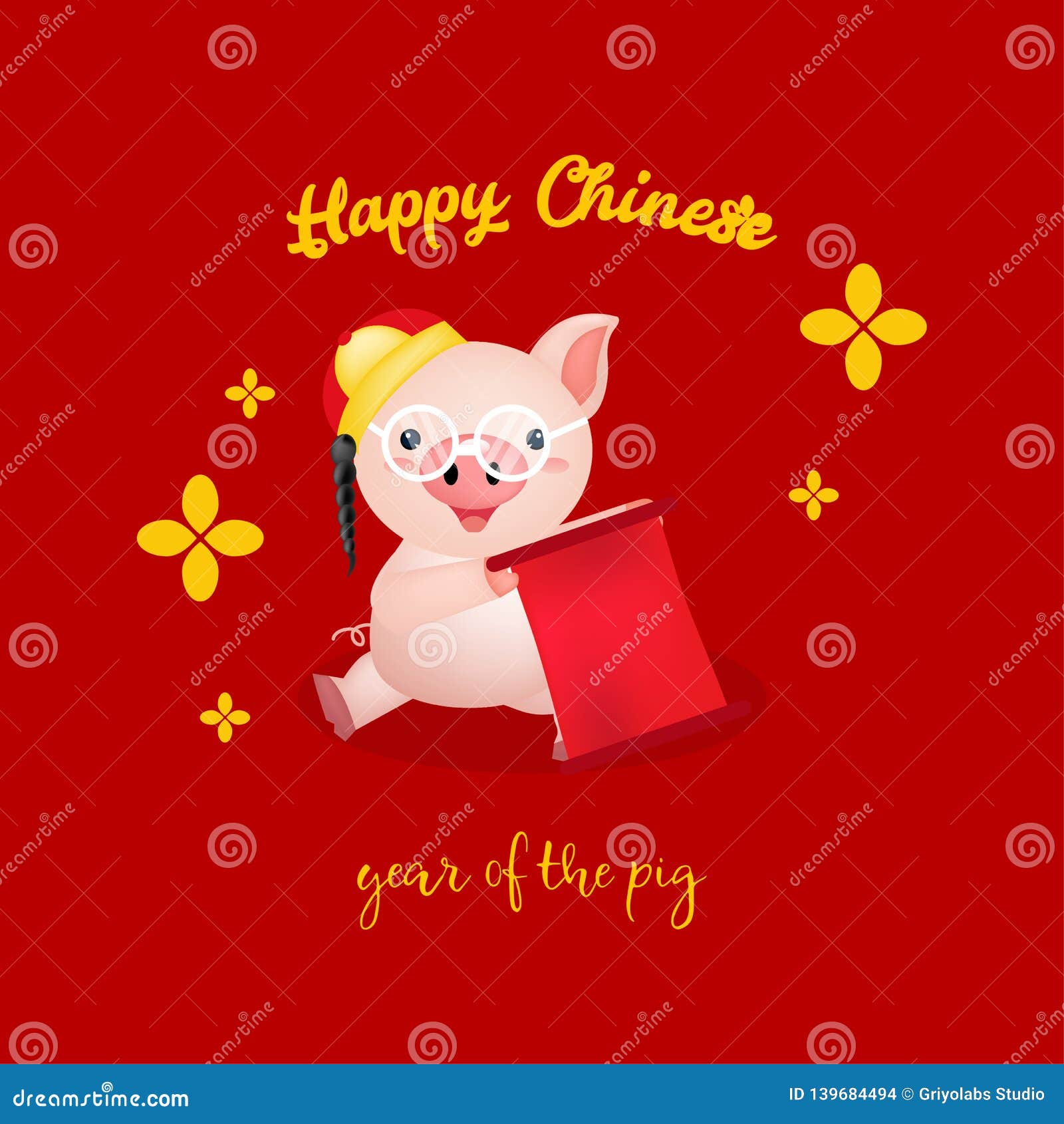 Cute Pig with Chinese Blank Scroll Stock Illustration - Illustration of ...