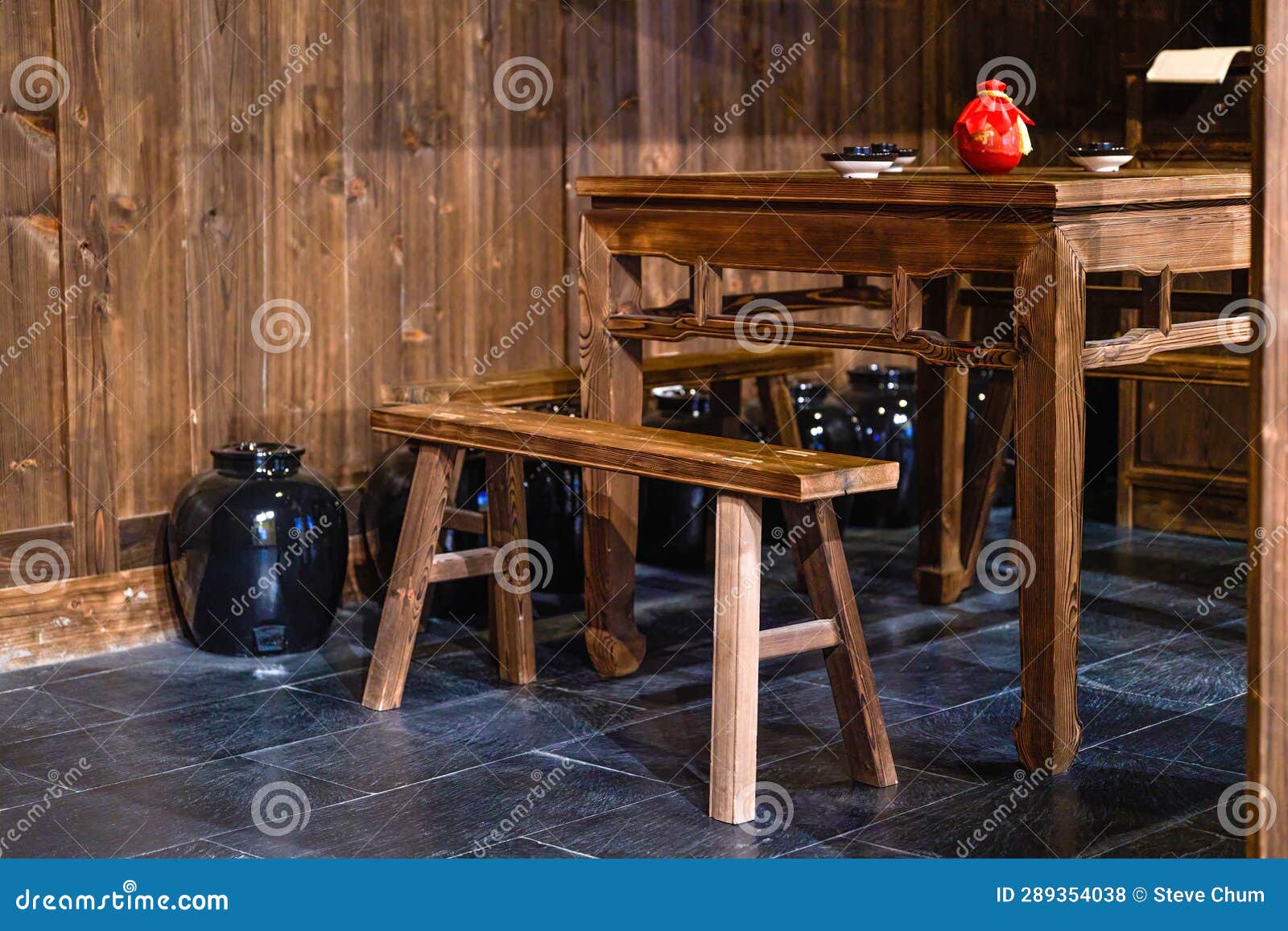 Chinese Ancient Style Tavern Wooden Table and Wooden Bench Stock Photo ...