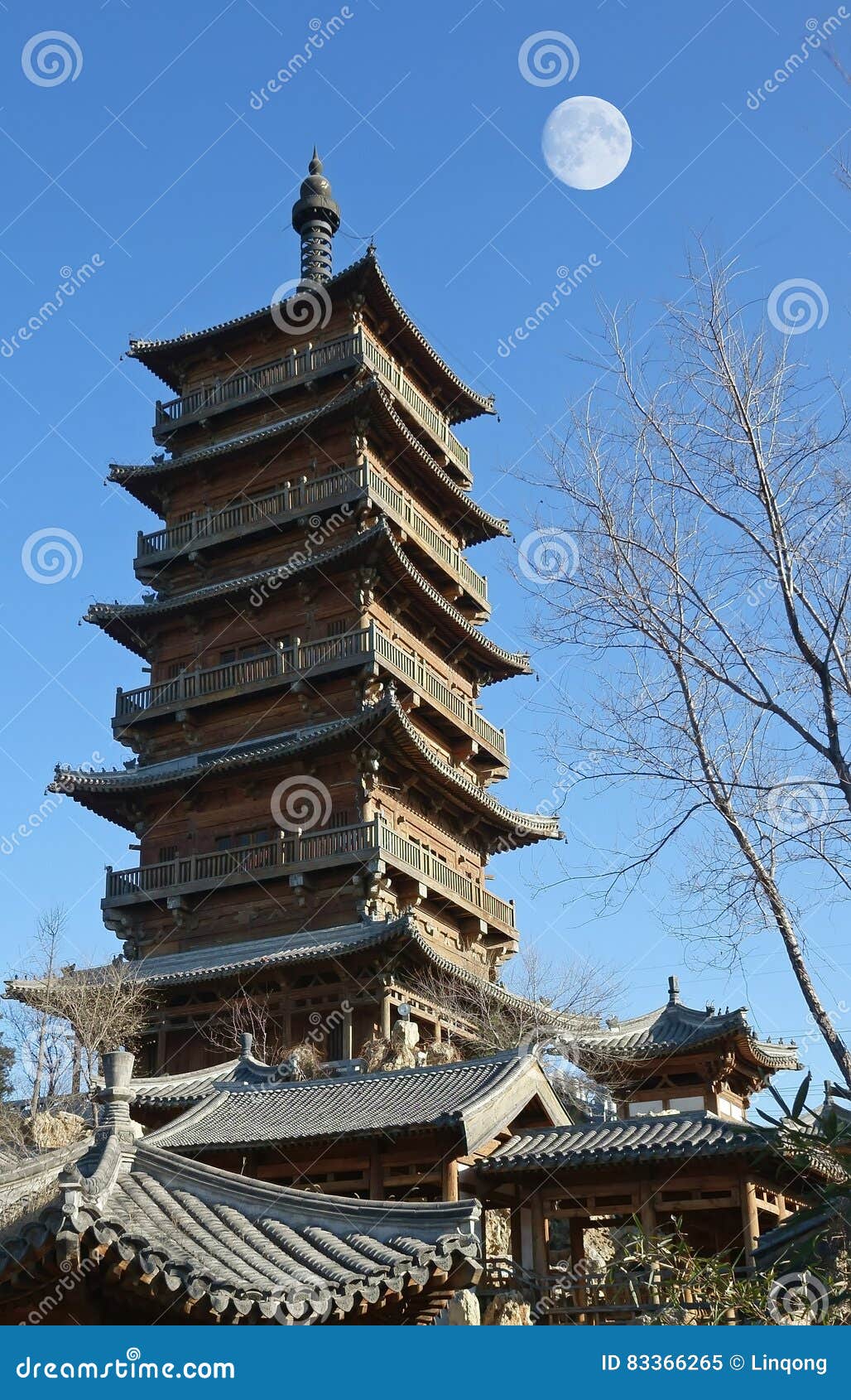Chinese ancient tower stock image. Image of winter, moon - 83366265