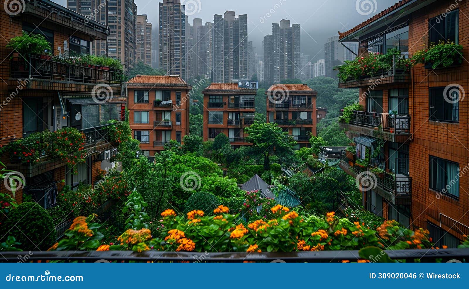 Chinese Apartment Complex with Green Foliage and Structures, AI ...