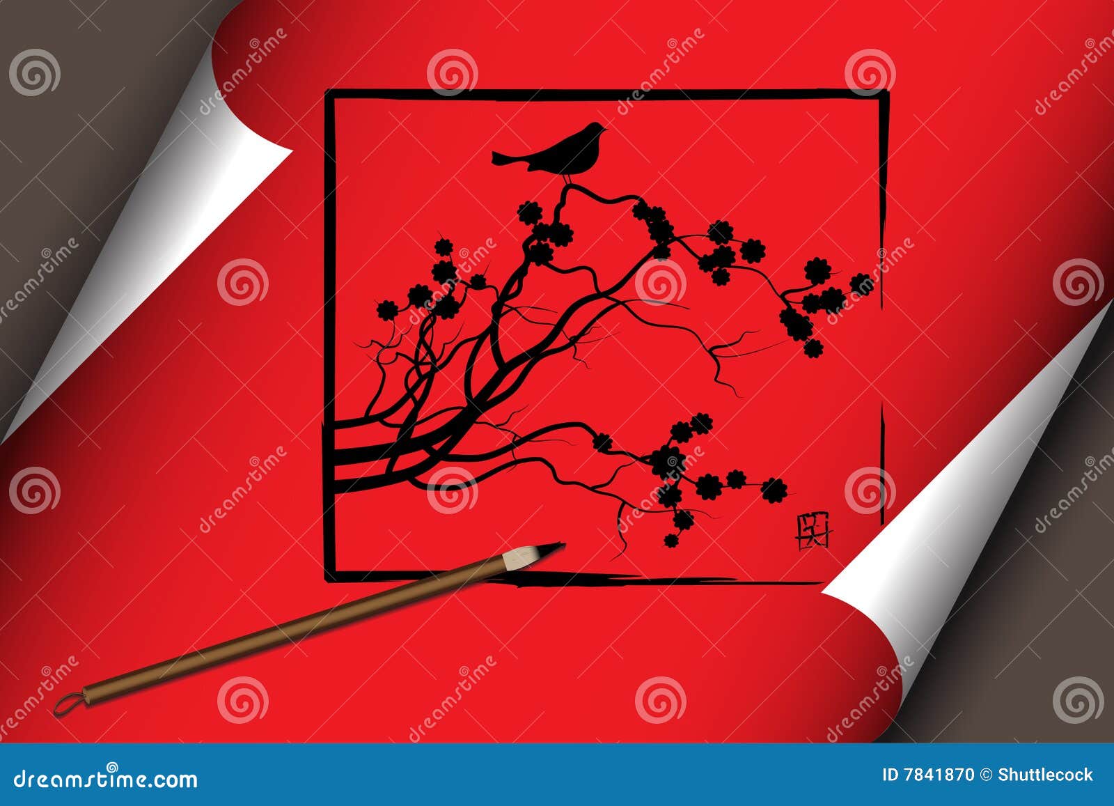Chinese Art on Red Scroll with Nature Stock Vector - Illustration of ...