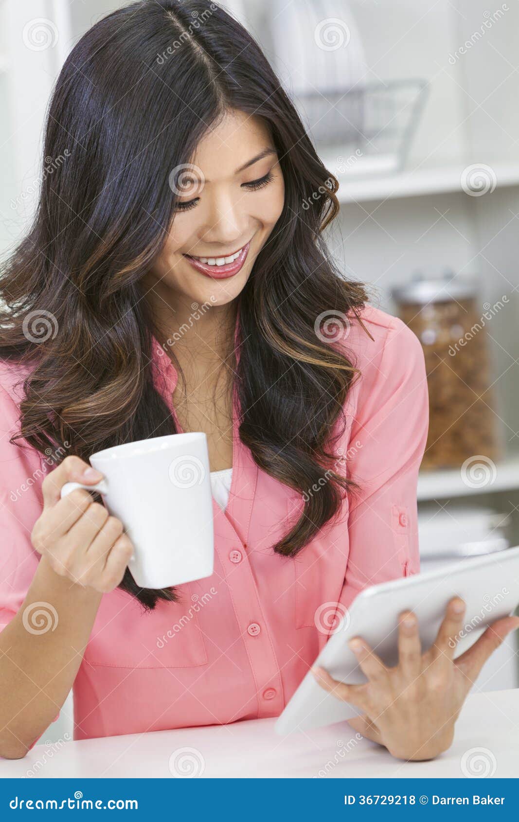 Chinese Asian Woman Tablet Computer & Coffee Stock Photo - Image of ...