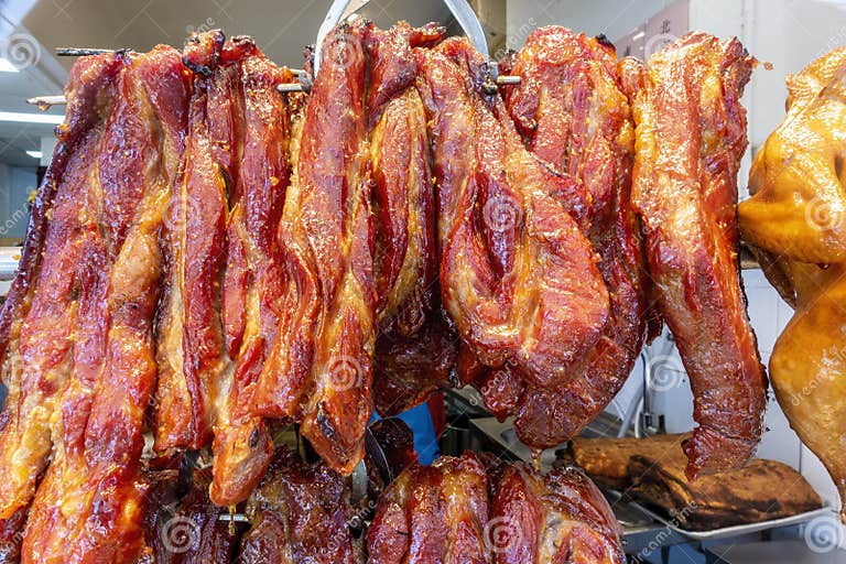 Chinese Barbecue Pork Char Siu Fresh From Oven To Hanging Display Stock Image Image Of Pork