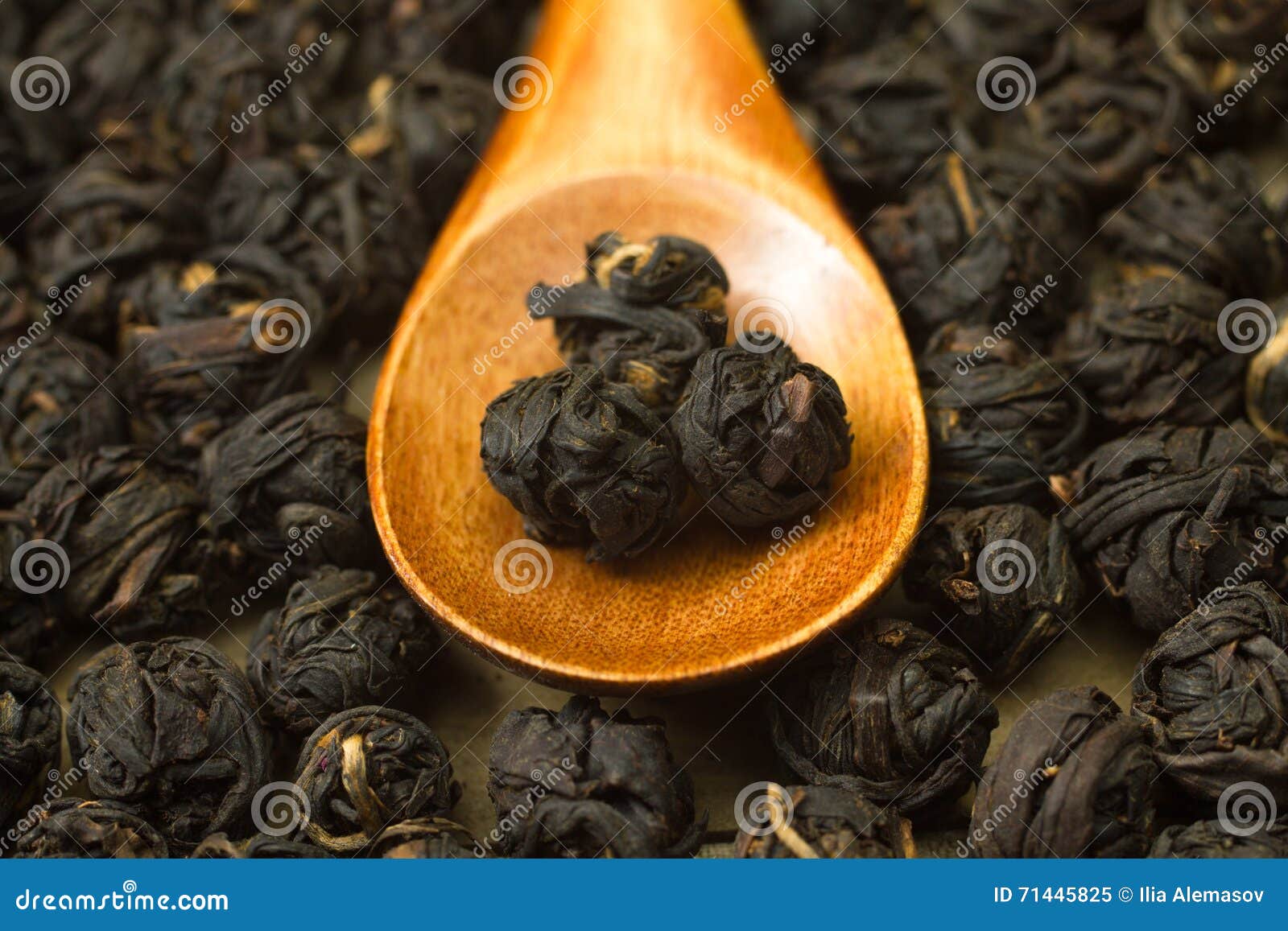 Chinese Black Tea Leaf Balls Inside Wooden Spoon Stock Image - Image of ...