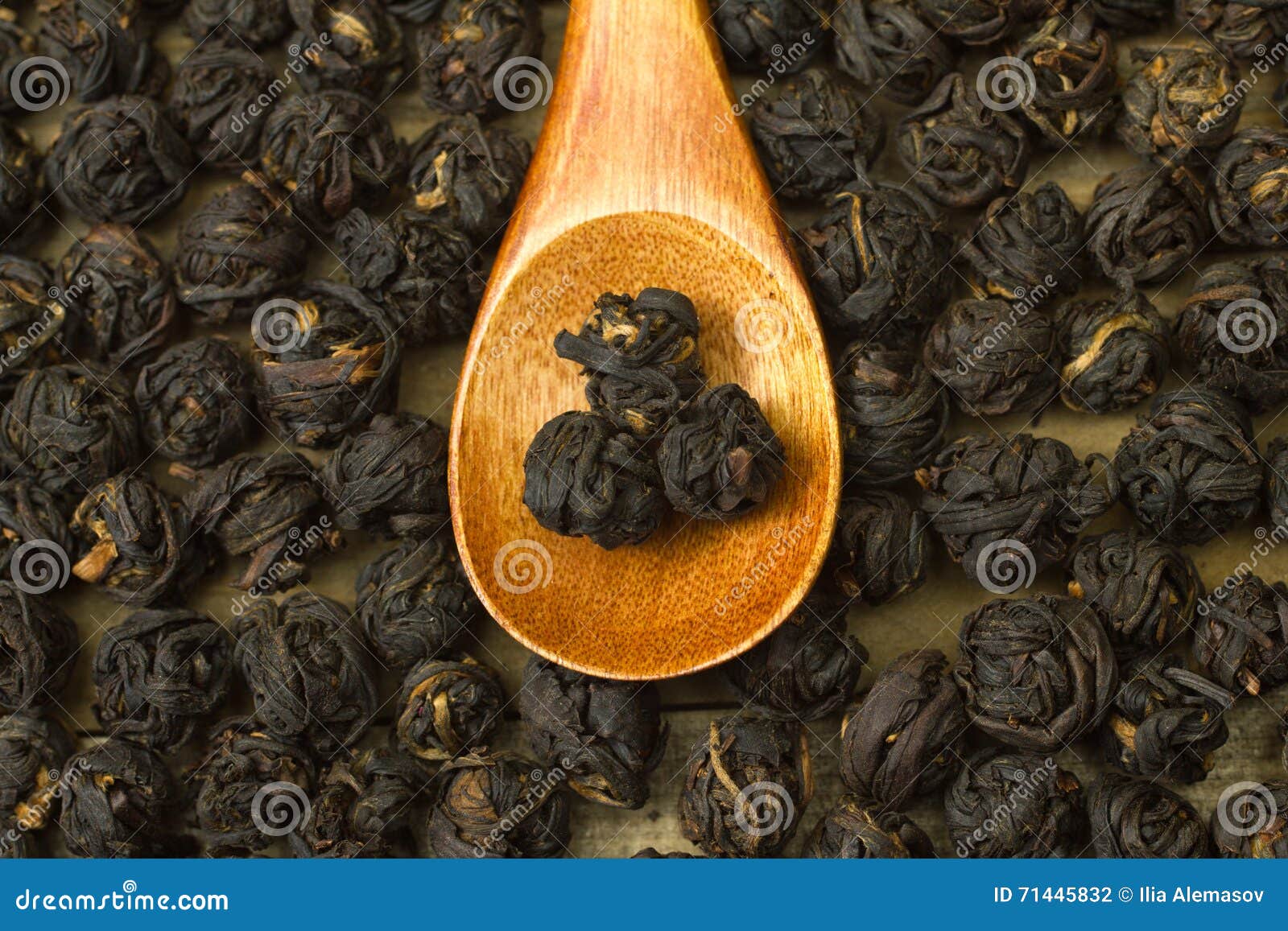 Chinese Black Tea Leaf Balls Inside Wooden Spoon Royalty-Free Stock ...