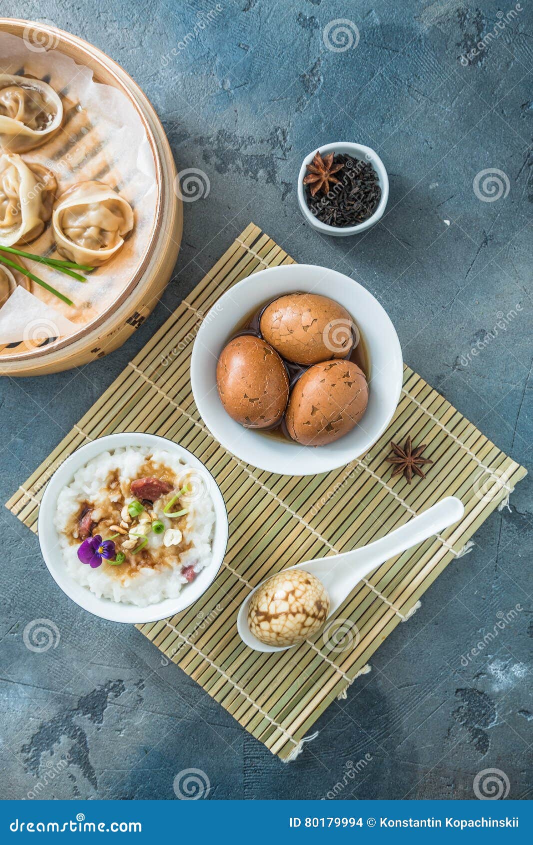 Chinese Breakfast with Rice Porrige, Tea Eggs and Dim Sum Stock Photo ...