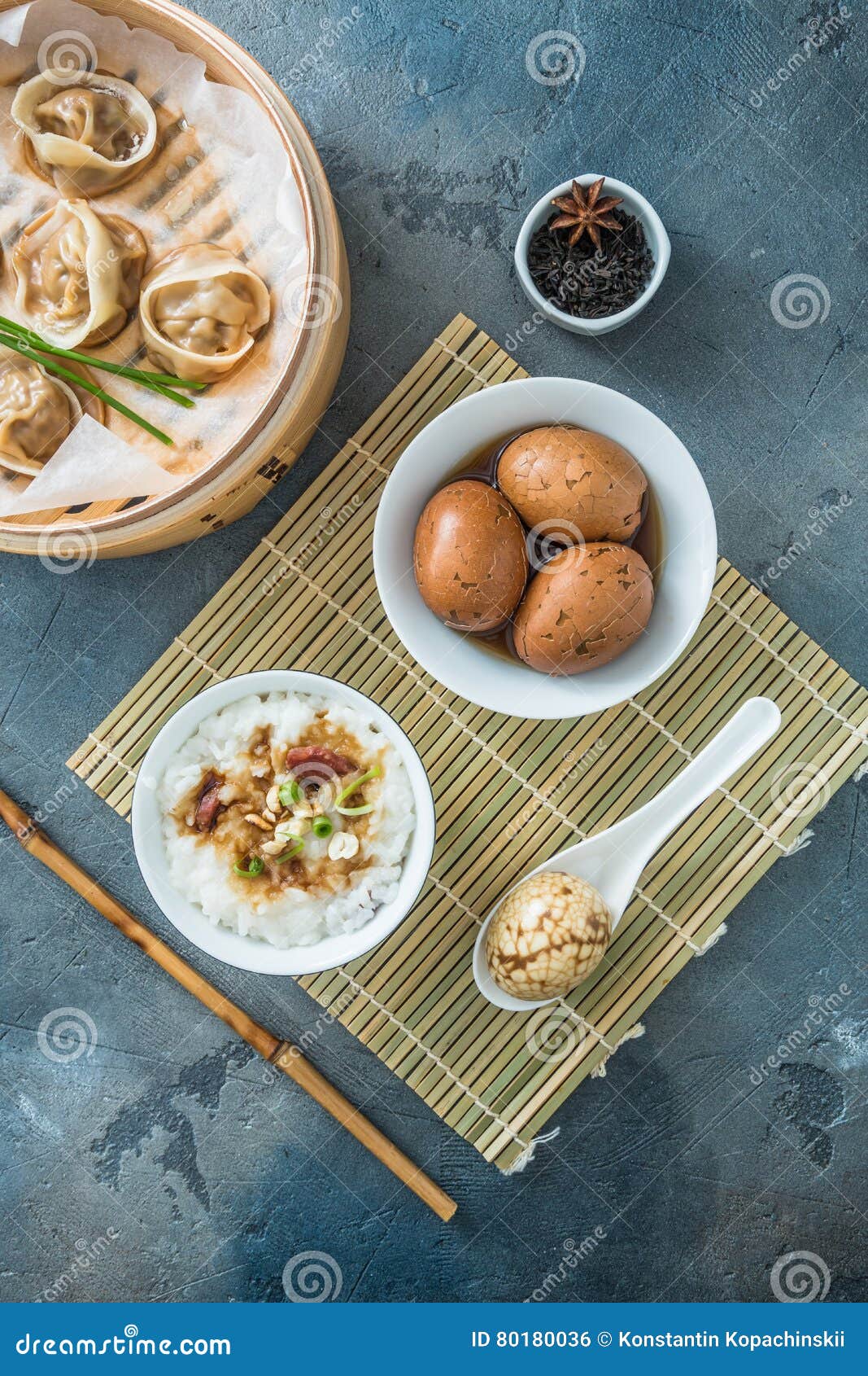 Chinese Breakfast with Rice Porrige, Tea Eggs and Dim Sum Stock Photo ...