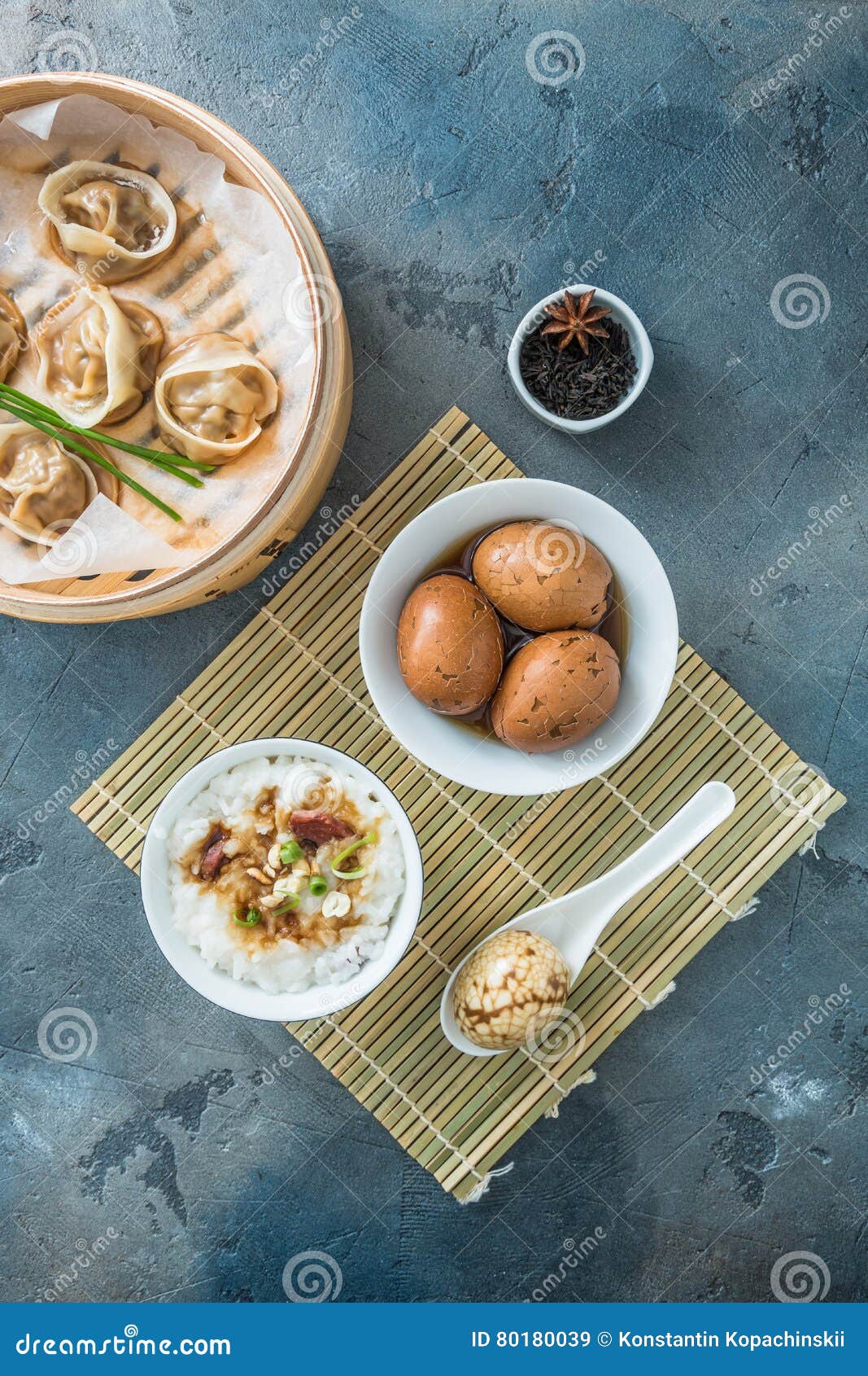 Chinese Breakfast with Rice Porrige, Tea Eggs and Dim Sum Stock Image ...