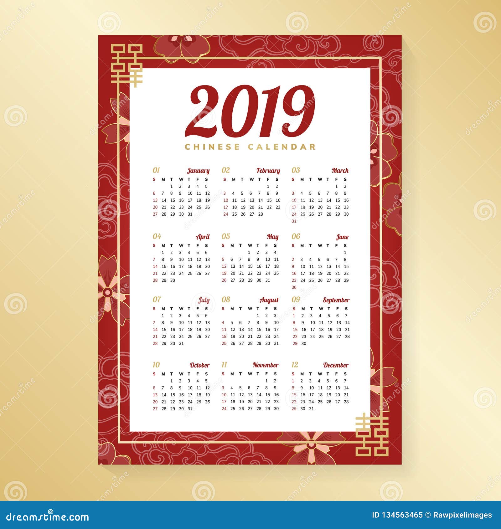 Red and Gold Chinese Calendar 2019 Stock Vector - Illustration of ...