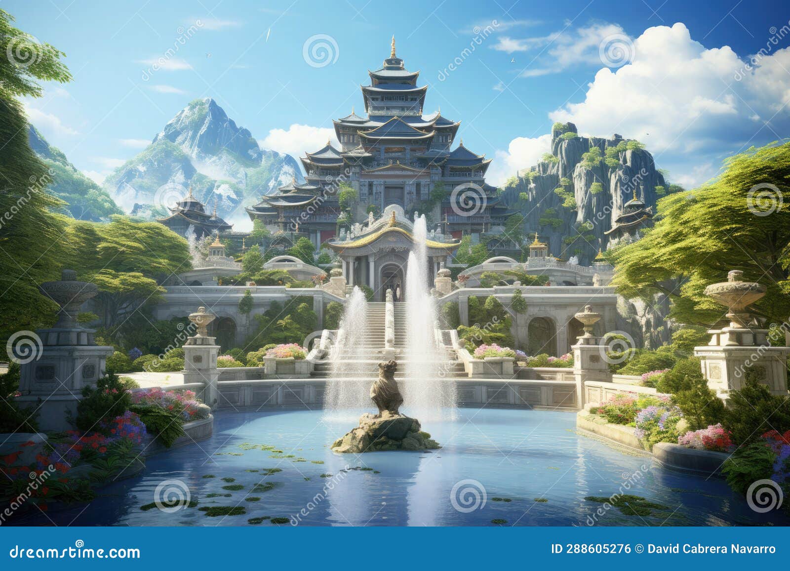 Chinese Castle with a Fountain in Front Sunny Day Stock Photo - Image ...