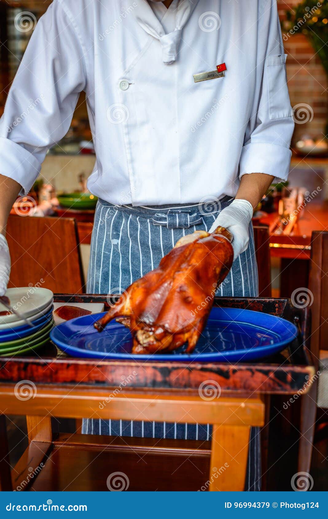 Chinese Chef Chopping Serving Peking Duck Stock Image - Image of asian ...