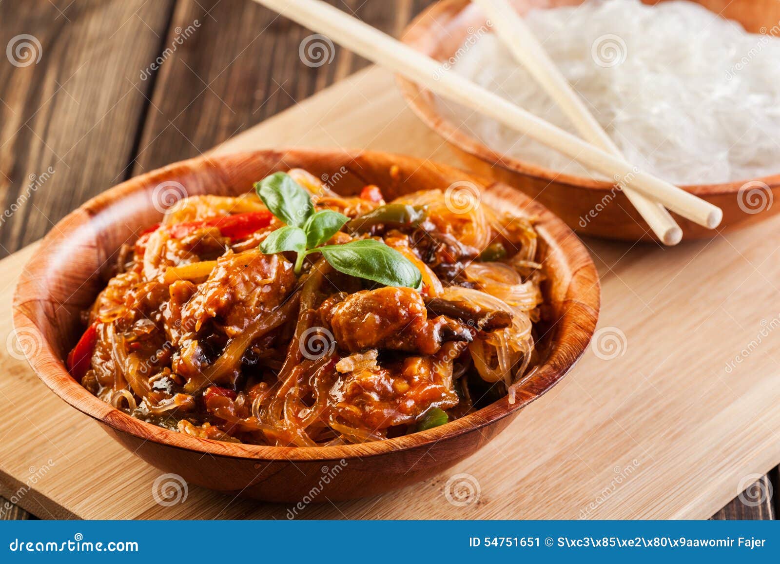 Chinese Chicken with Rice Noodles Stock Image - Image of wooden, rice ...