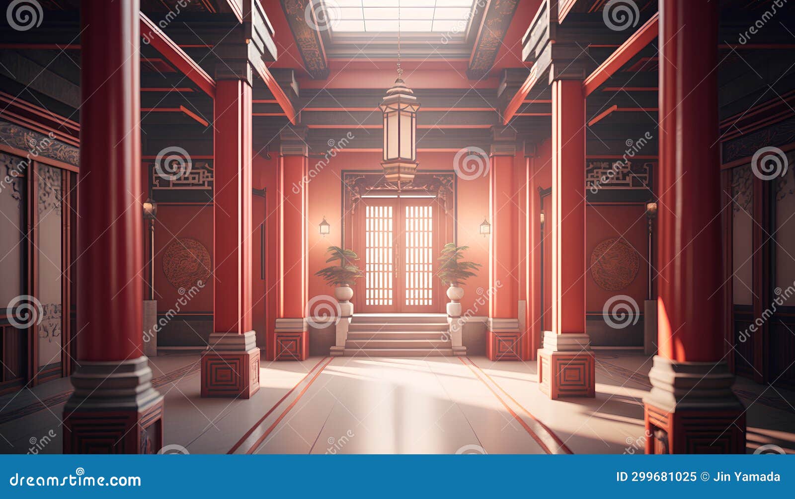 Chinese Classical Style Hall with Red Walls and Floor. 3d Rendering ...