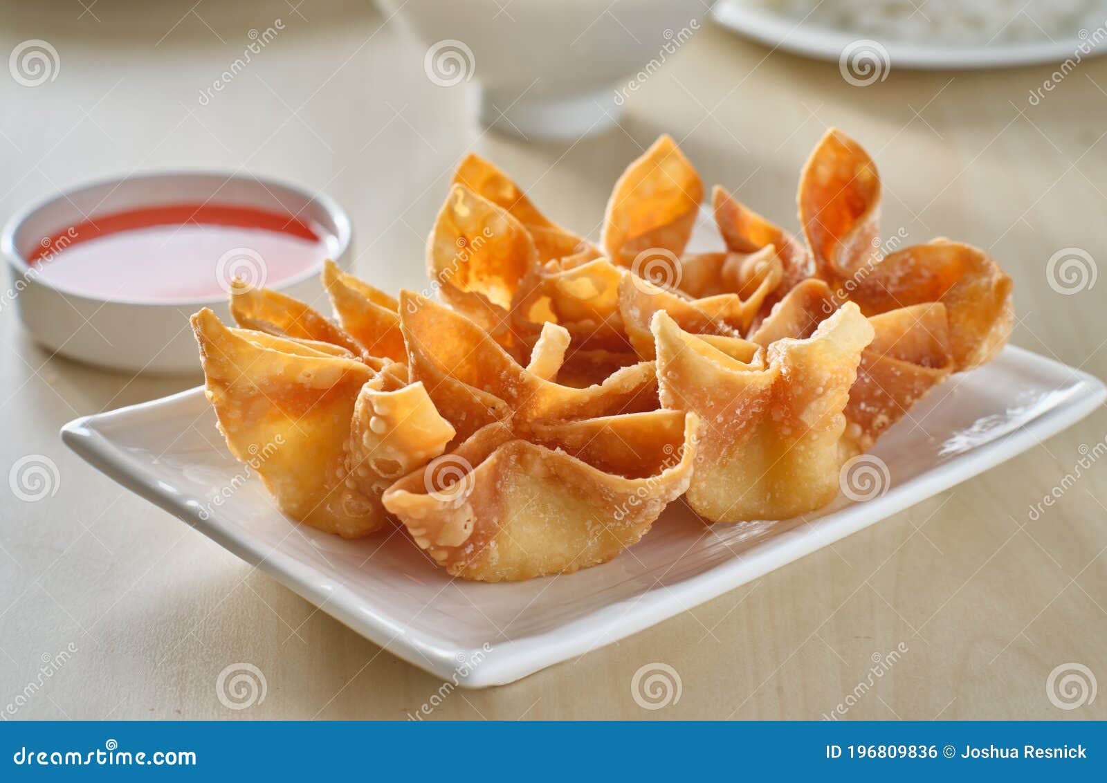 Chinese Crab Rangoon Fried Wontons on Plate with Red Sauce Stock Photo ...