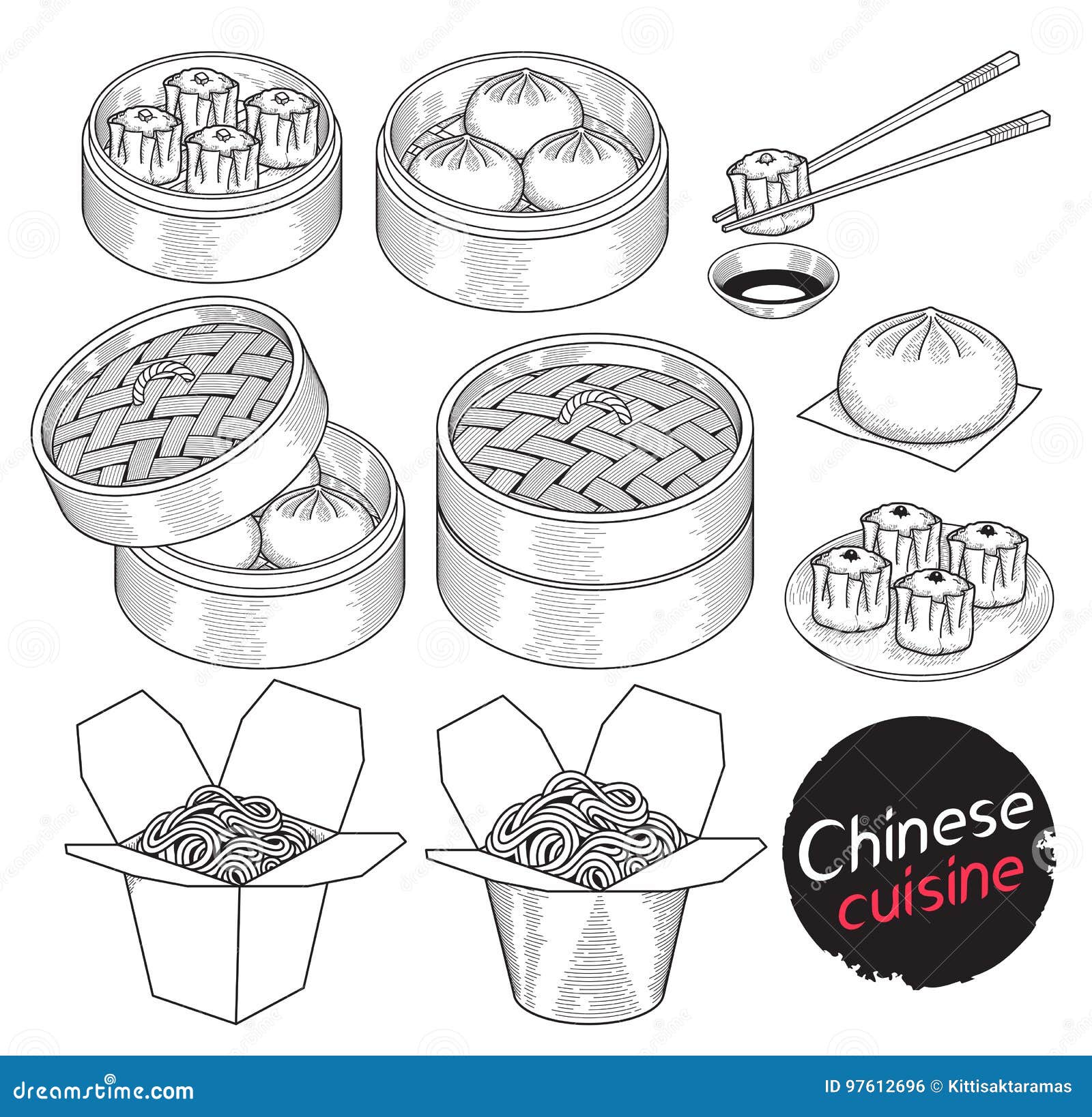 Chinese Cuisine Food Doodle Elements Hand Drawn Style. Stock Vector ...