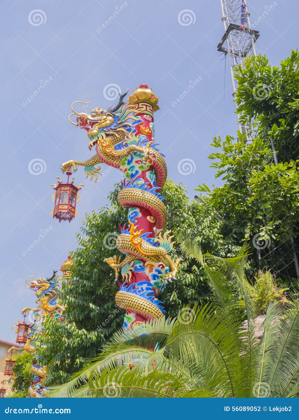 Chinese Dragon Around Red Column in Blue Sky Stock Photo - Image of ...