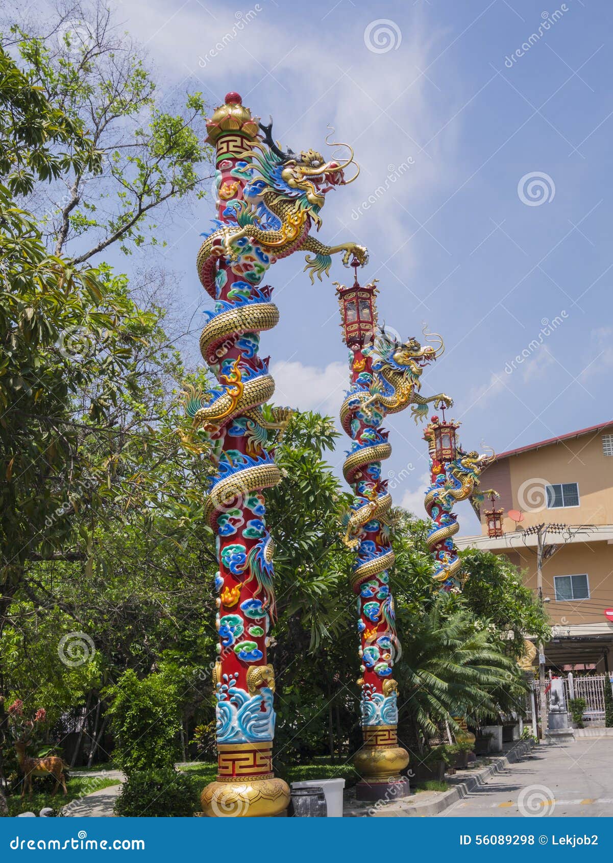 Chinese Dragon Around Red Column in Blue Sky Stock Photo - Image of ...