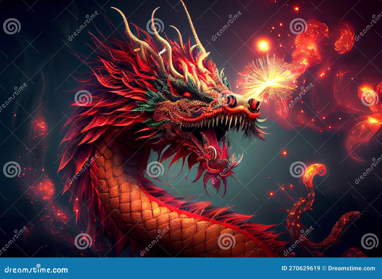 Chinese Dragon with Fire Fireworks at Celebration Party Background ...