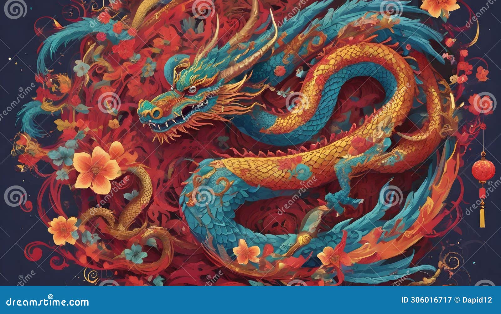 Chinese Dragon is Surrounded by Flowers and Leaves Stock Illustration ...