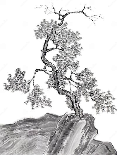 Tree on Mountain Chinese Drawing Stock Illustration - Illustration of ...