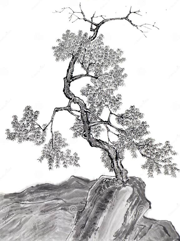 Tree on Mountain Chinese Drawing Stock Illustration - Illustration of ...