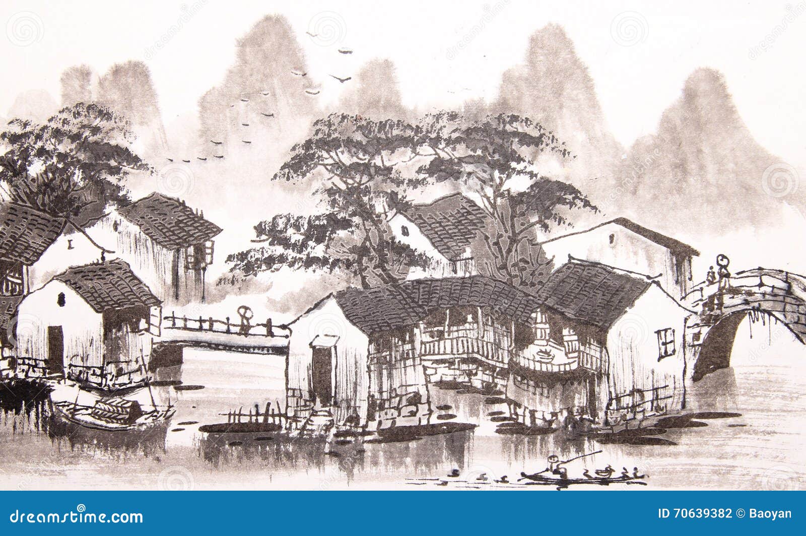 Chinese drawing water town stock illustration. Illustration of white ...