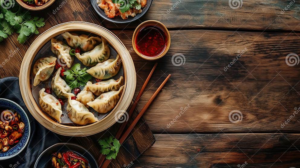 Chinese Dumplings on Table Flat Lay View Stock Photo - Image of snack ...