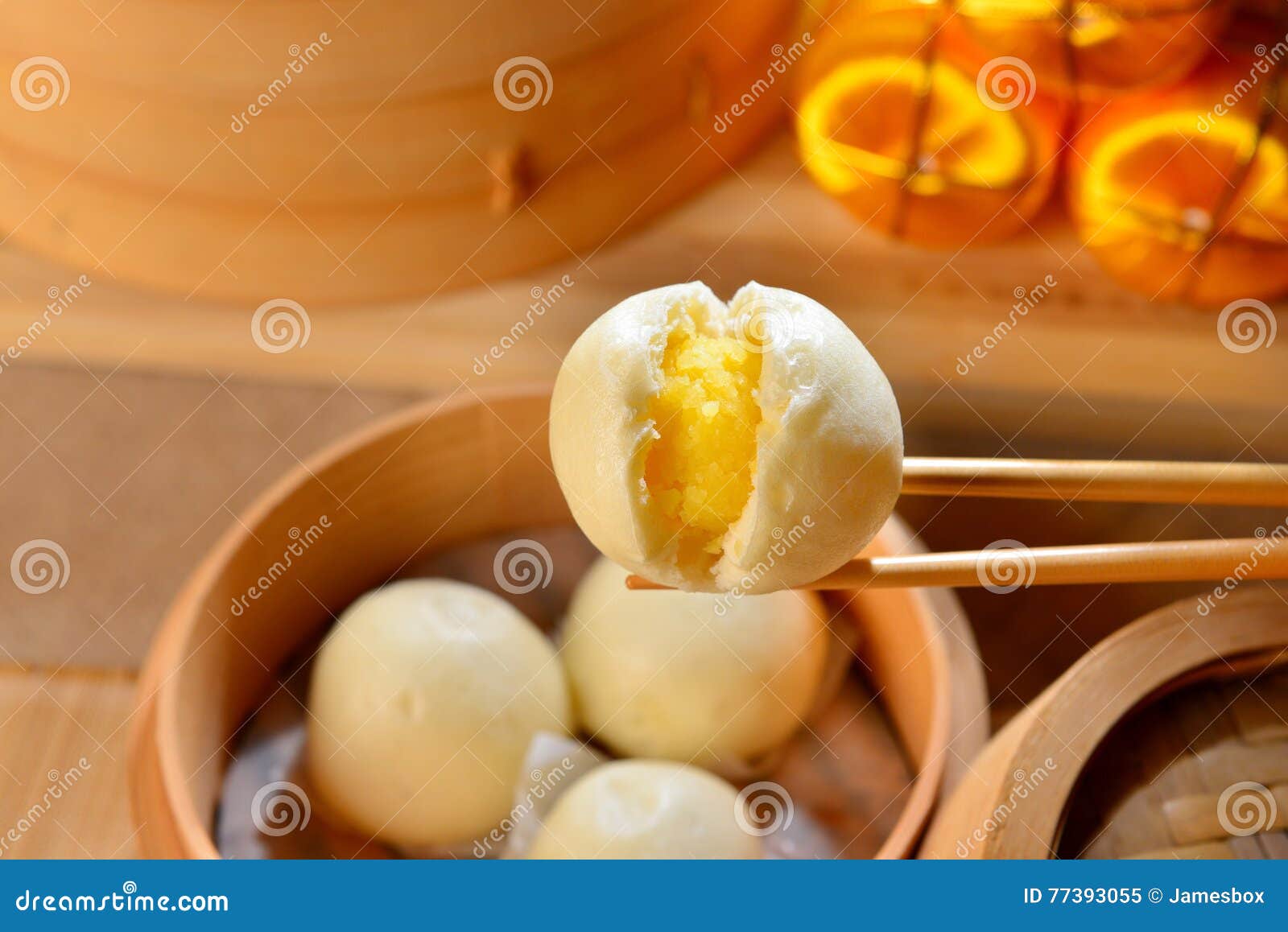 Chinese Dumplings with Yellow Egg Inside on Bamboo Tray Stock Image ...