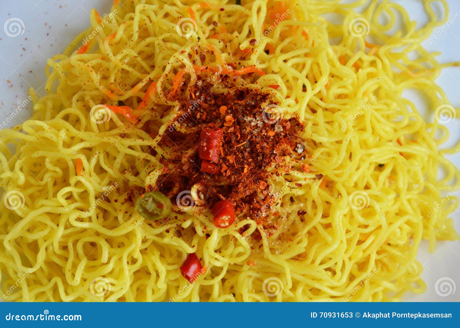Chinese Egg Noodle Topping Chili and Sugar on Plate Stock Image - Image ...