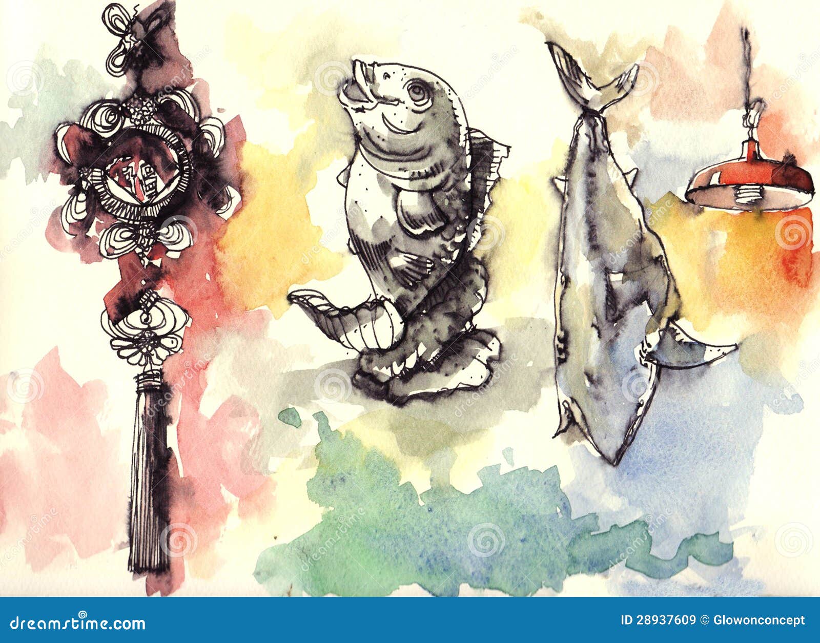 Chinese Elements Drawing and Water Color Painting Stock Illustration ...