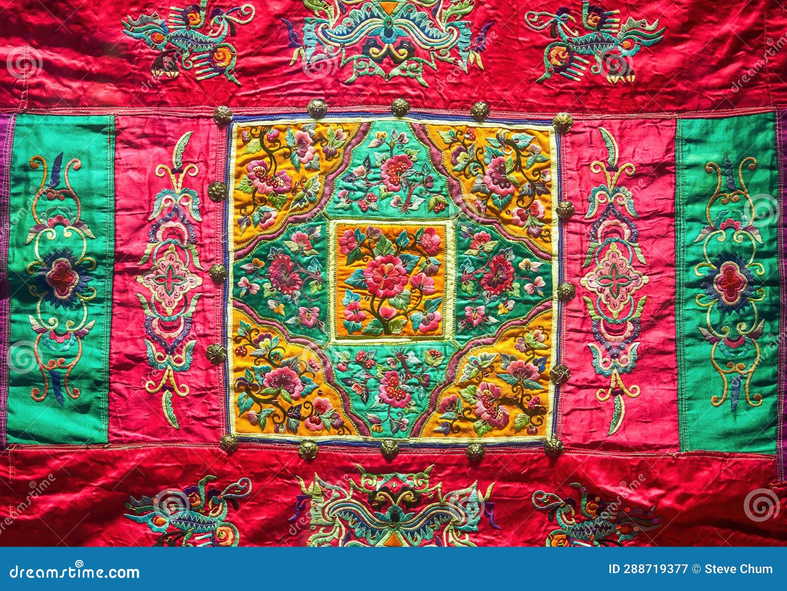 Chinese Ethnic Patterns Embroidered on Red Cloth Stock Image - Image of ...