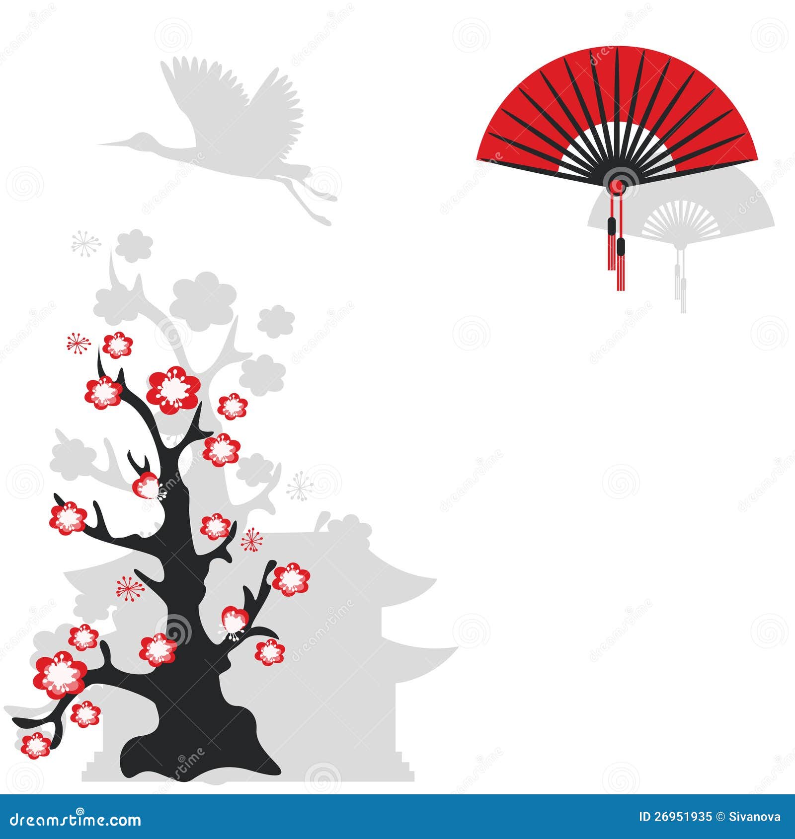 Chinese Fan and Flowering Tree Stock Vector - Illustration of bird ...