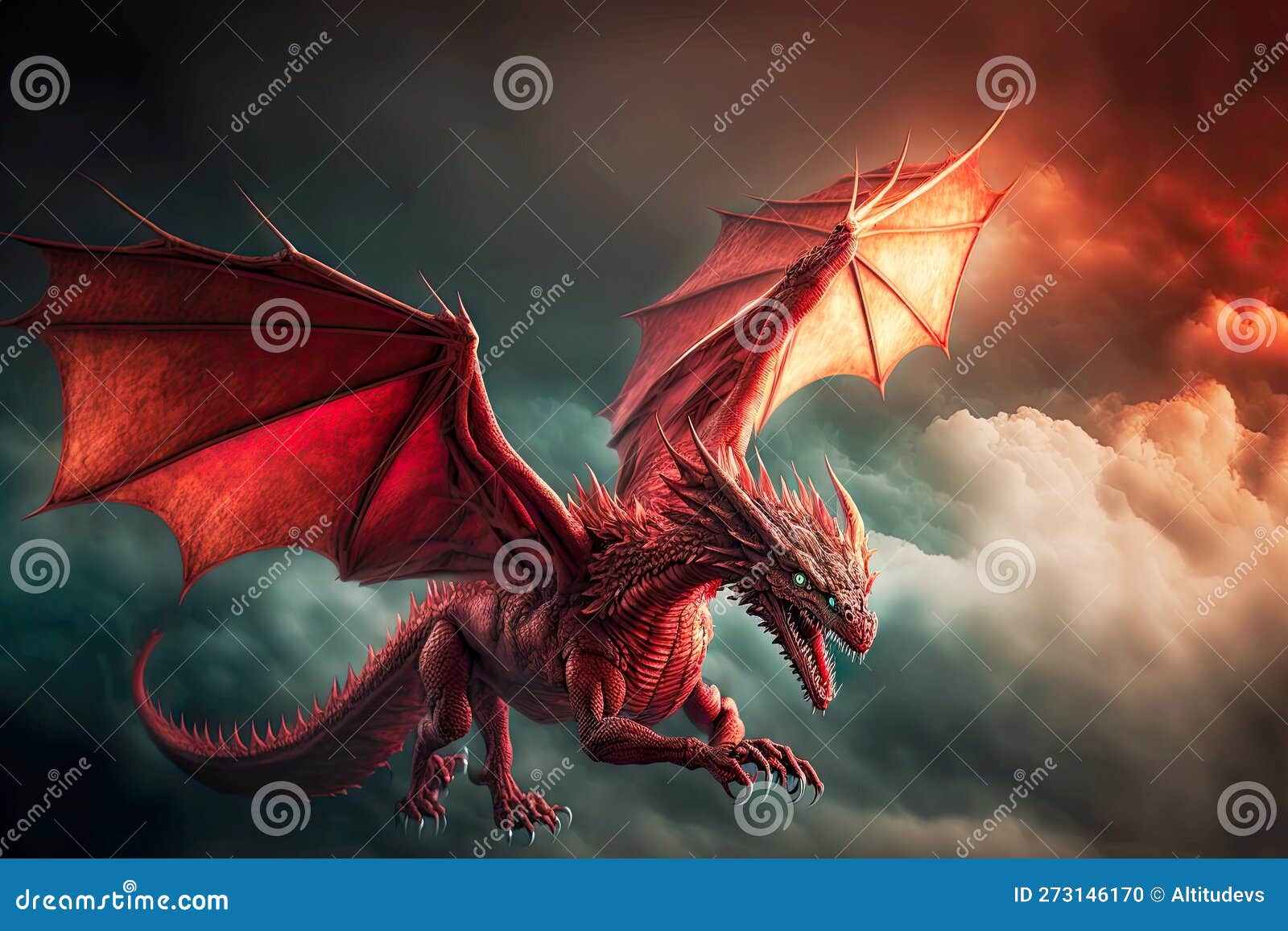 Chinese Fancy Red Dragons Fly in Sky Above Clouds Stock Illustration ...