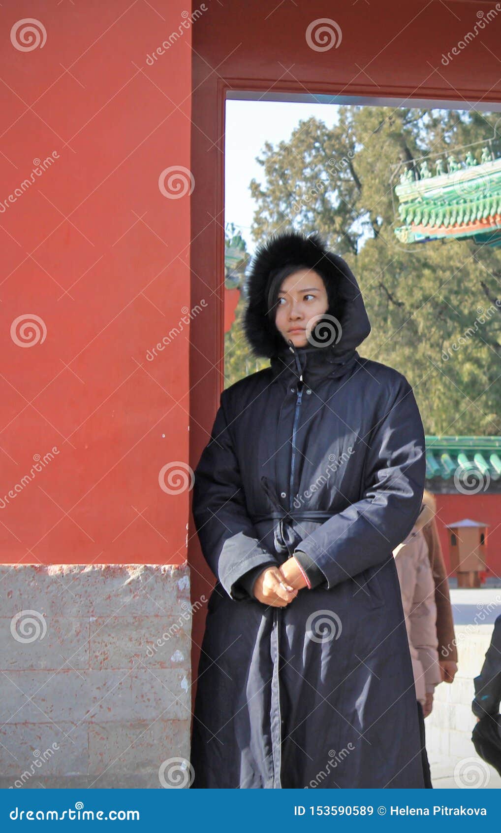 Chinese Woman by the Red Wall in the Temple Editorial Stock Image ...