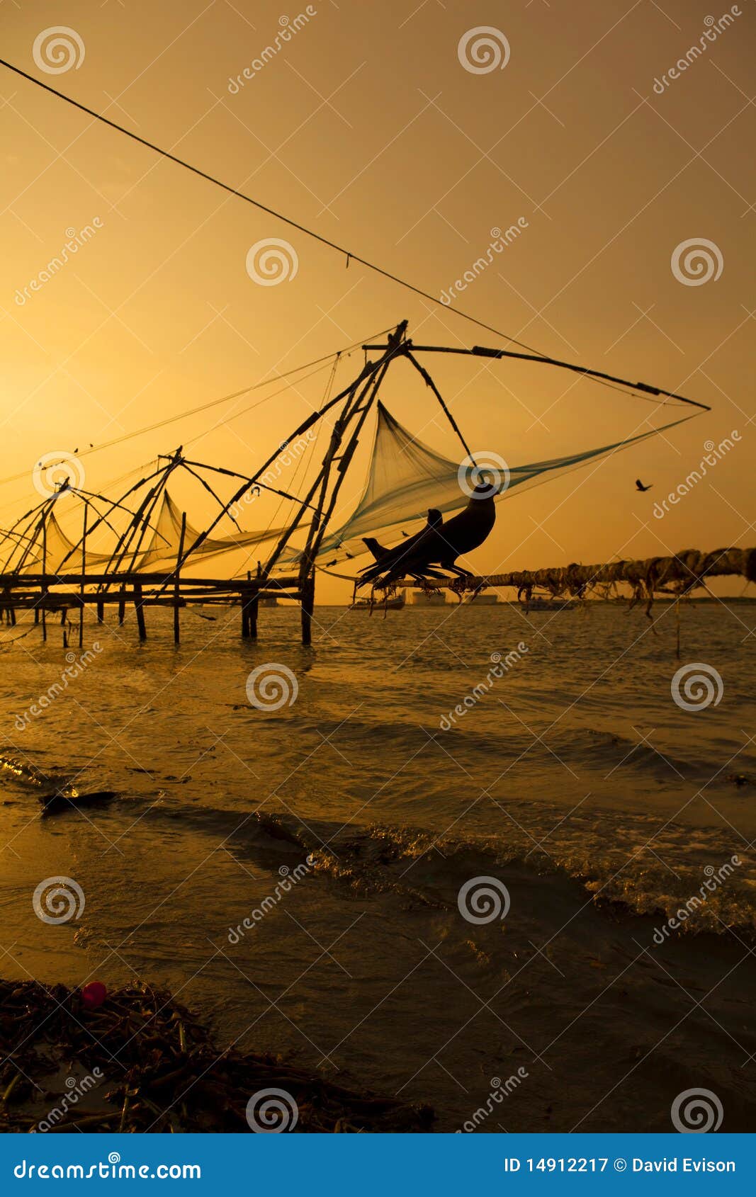 Chinese fishing nets. stock image. Image of crow, sunrise - 14912217