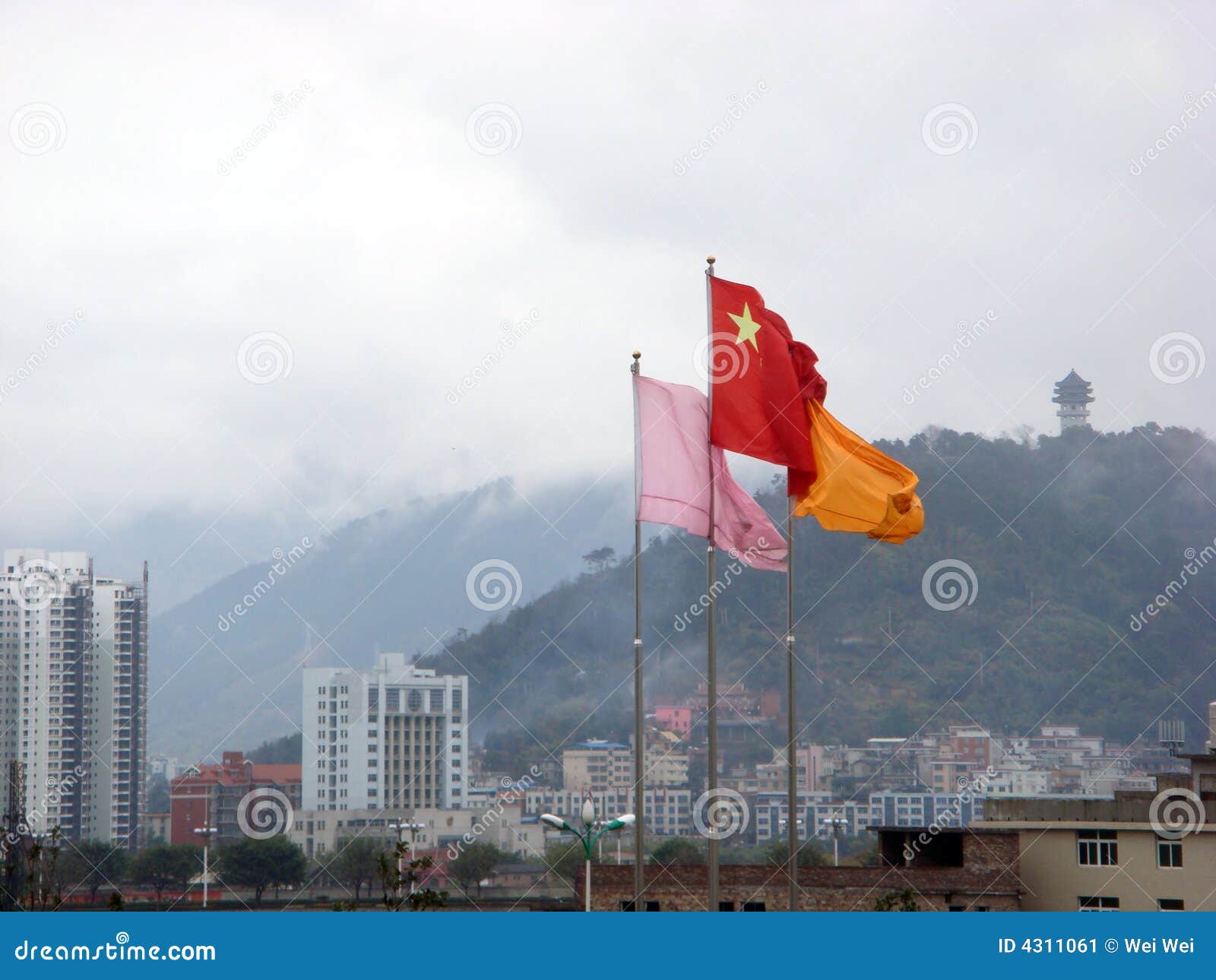 Chinese Flag and Chinese City Stock Image - Image of china, hillside ...