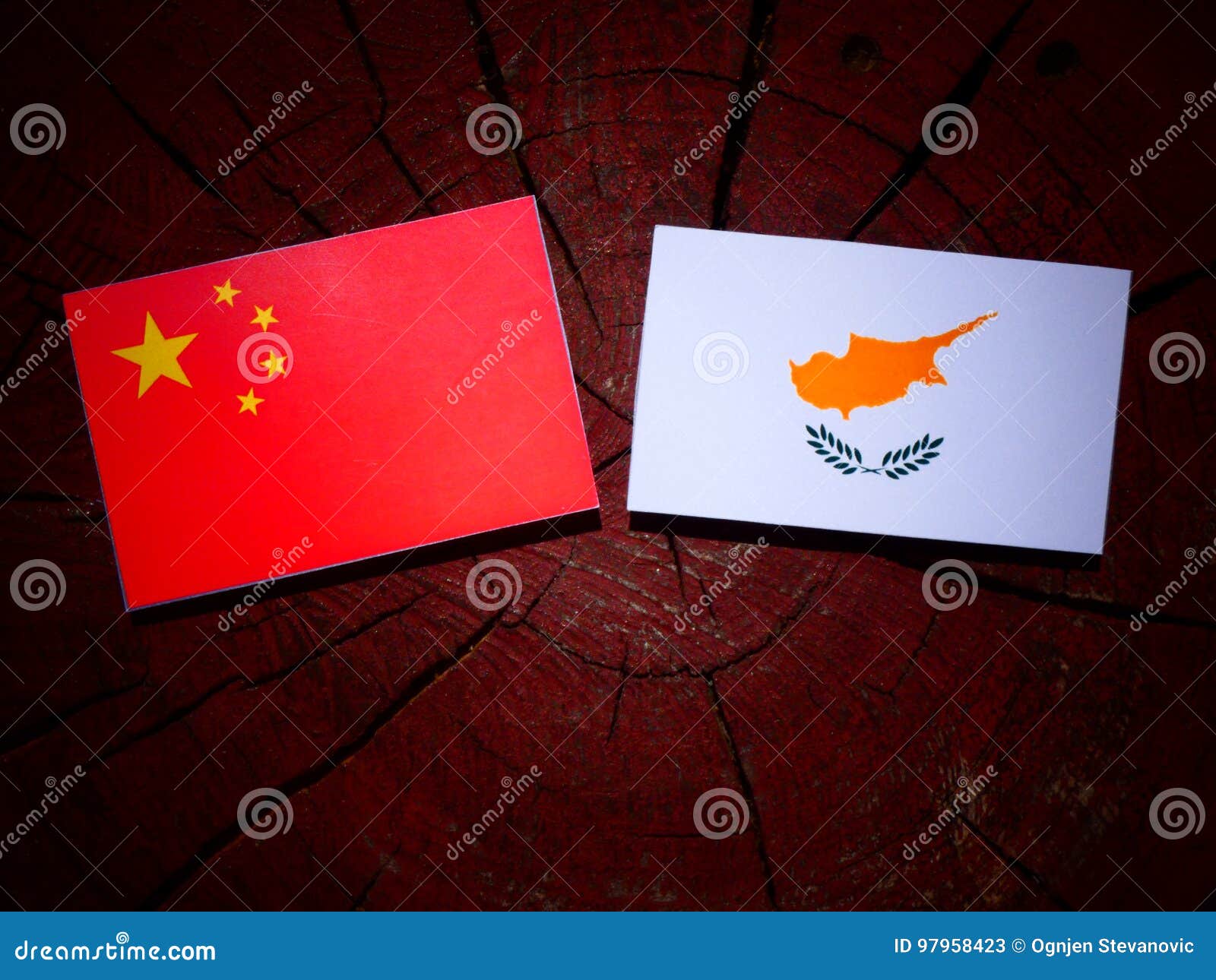 Chinese Flag with Cypriot Flag on a Tree Stump Isolated Stock Image ...