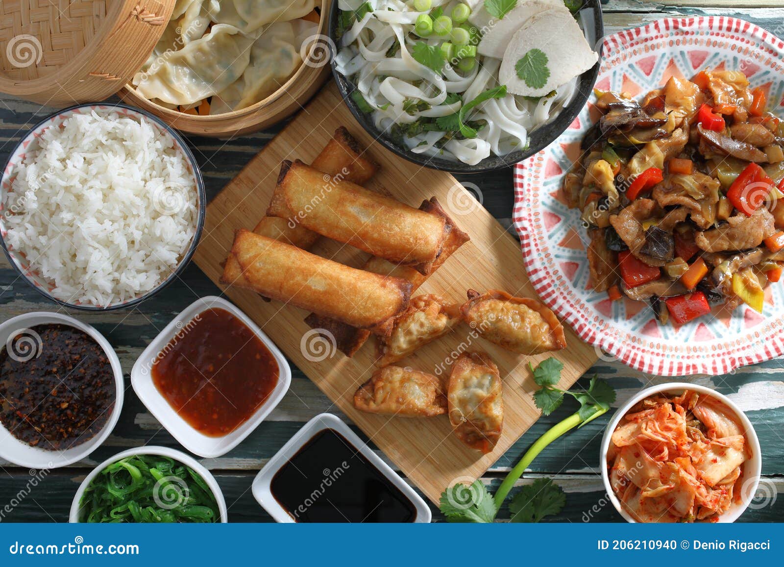 Chinese Food Assorted on Rustic Green Table Stock Photo - Image of ...