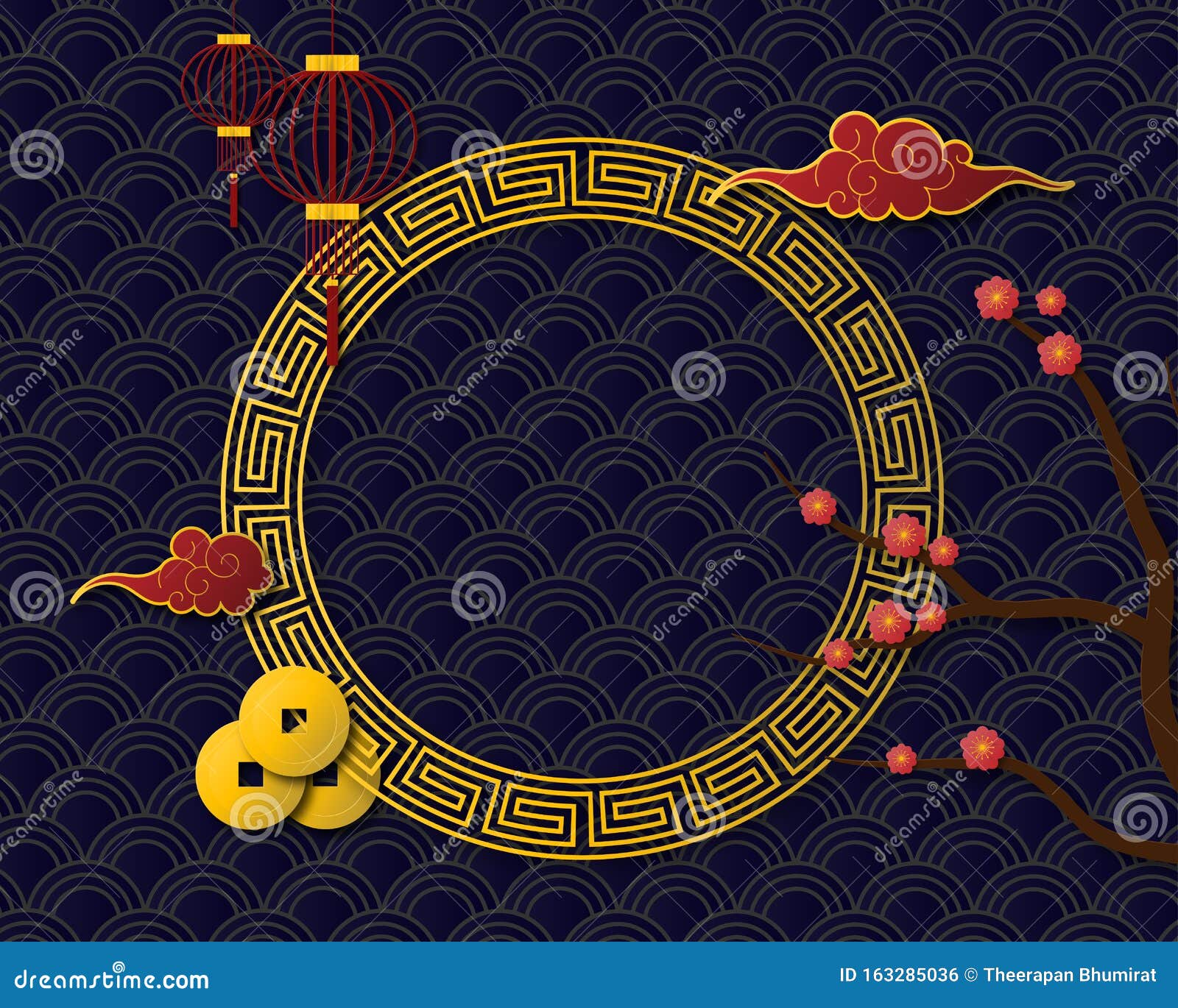 Chinese Frame on Dark Blue Background in Paper Cut Style. Vector ...